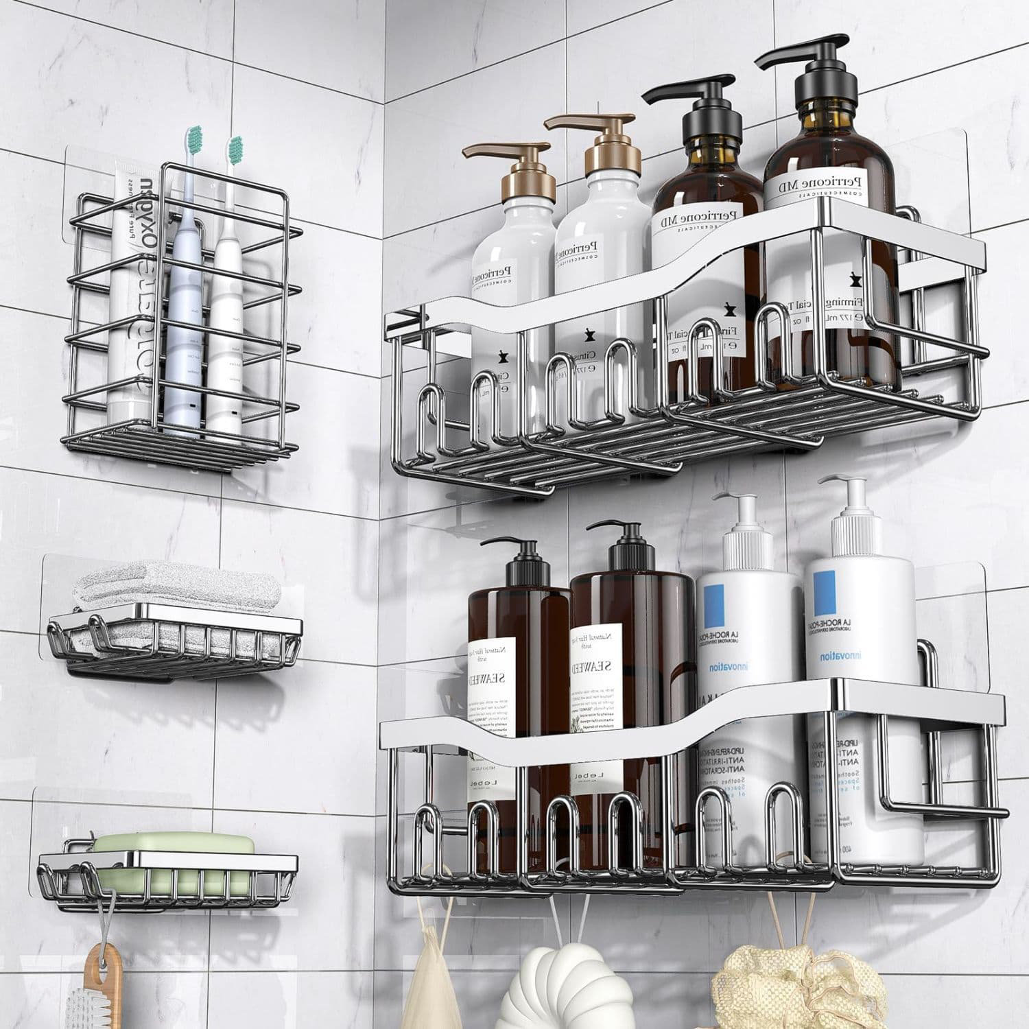 Rebrilliant 5-Pack Adhesive Stainless Steel Shower Caddies, no drill ...