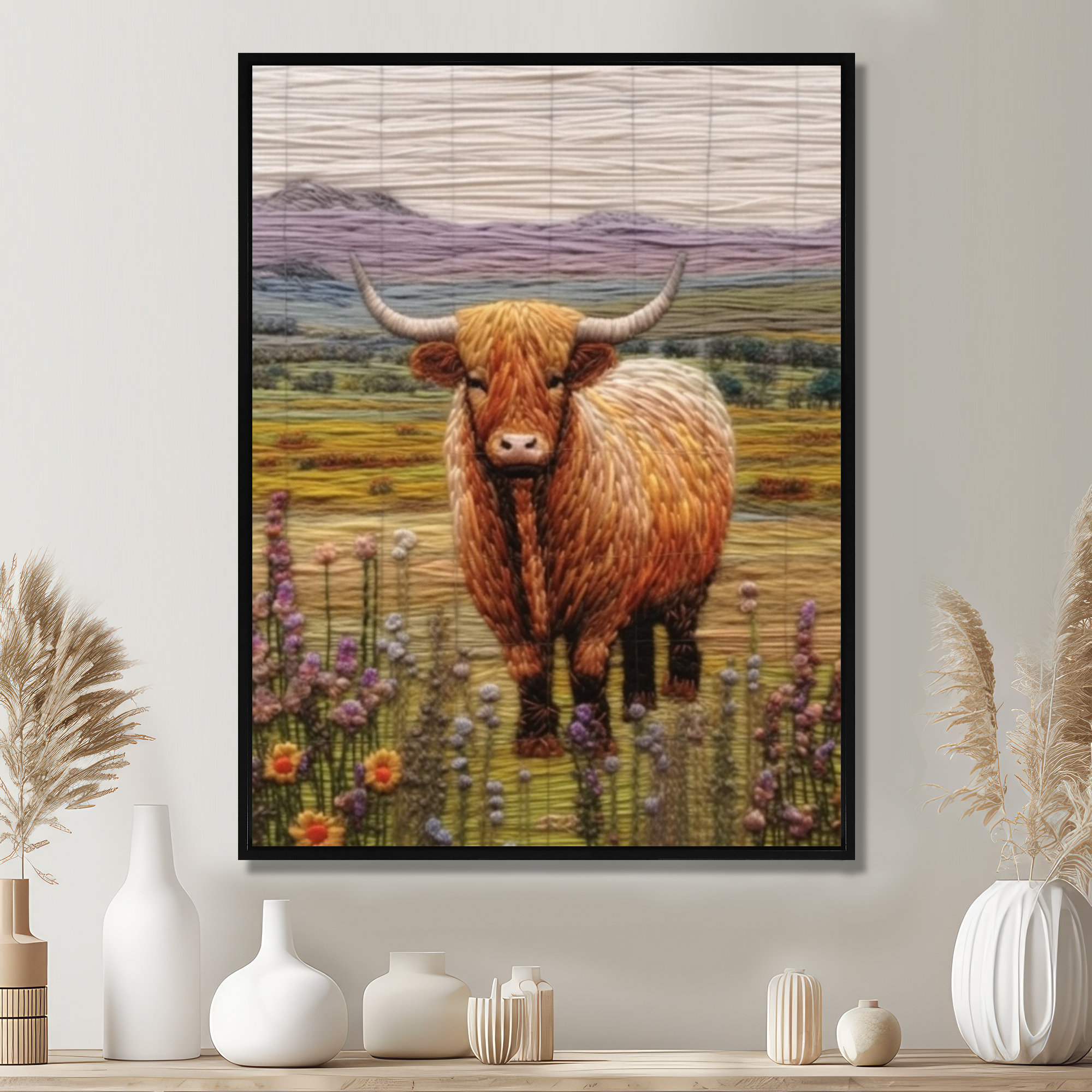 Union Rustic Highland Cow Embroidery - Cow Animal Wall Art Print | Wayfair