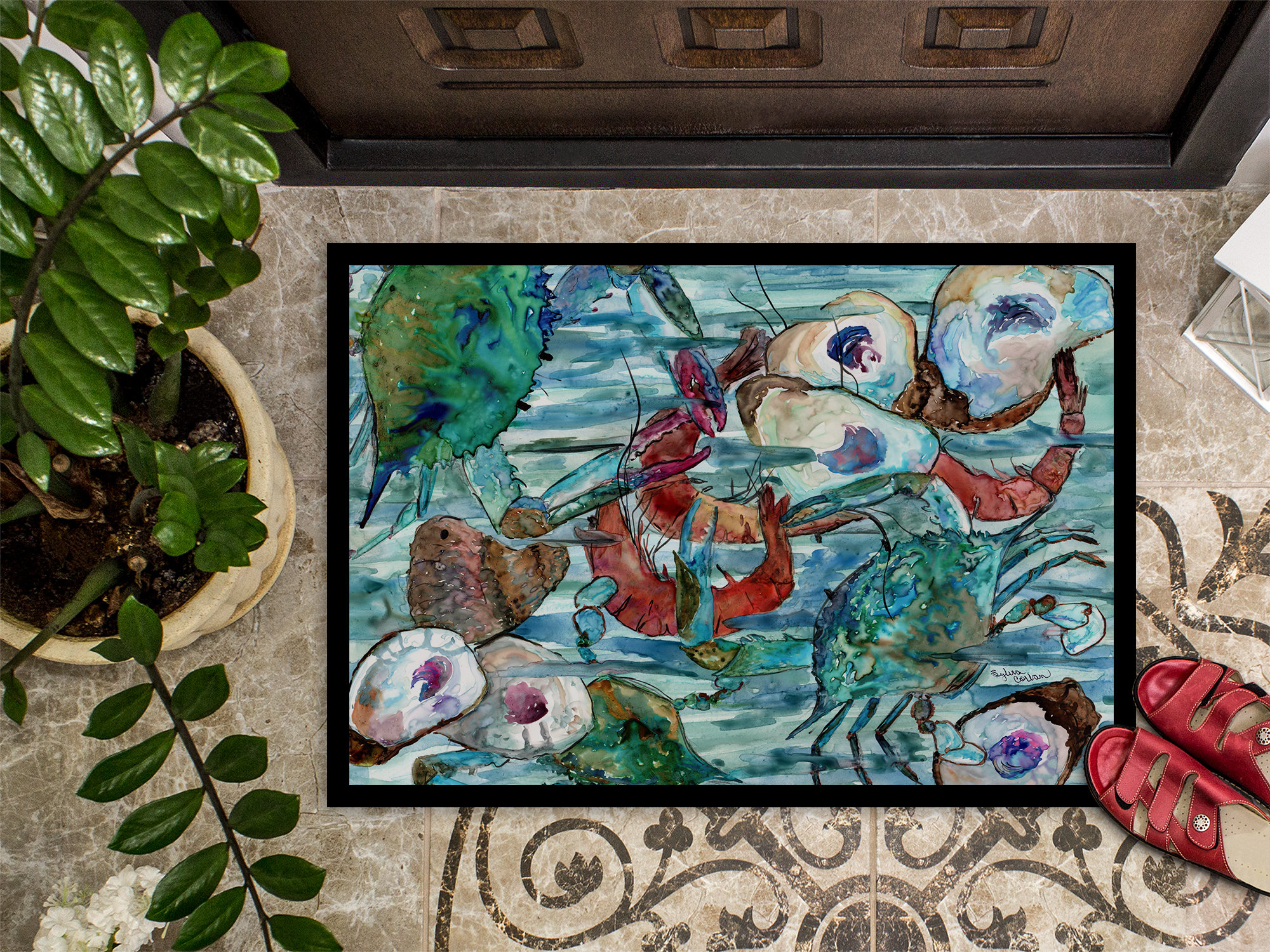 Highland Dunes Reem Watery Shrimp, Crabs and Oysters Non-Slip Indoor ...