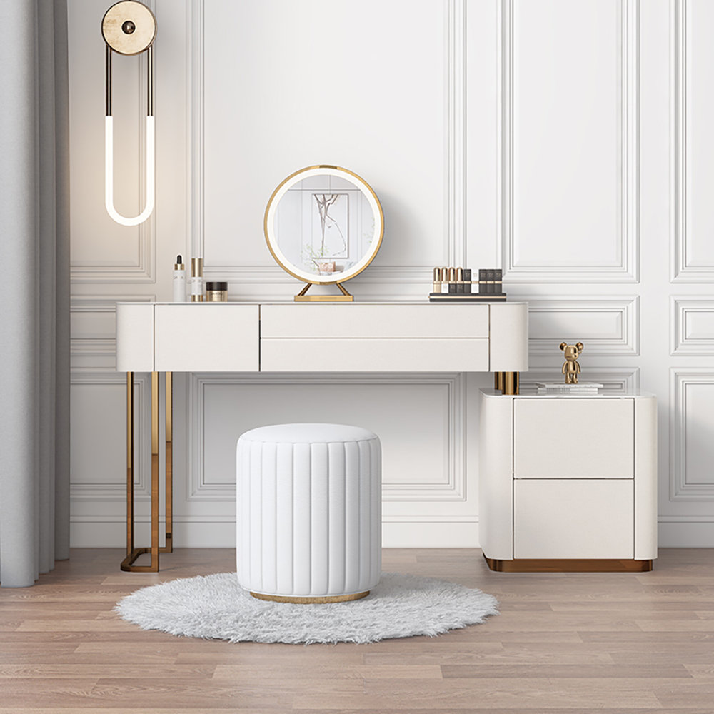 Everly Quinn Daiquon 57.1" Solid Wood Makeup Vanity Set with Lighted ...