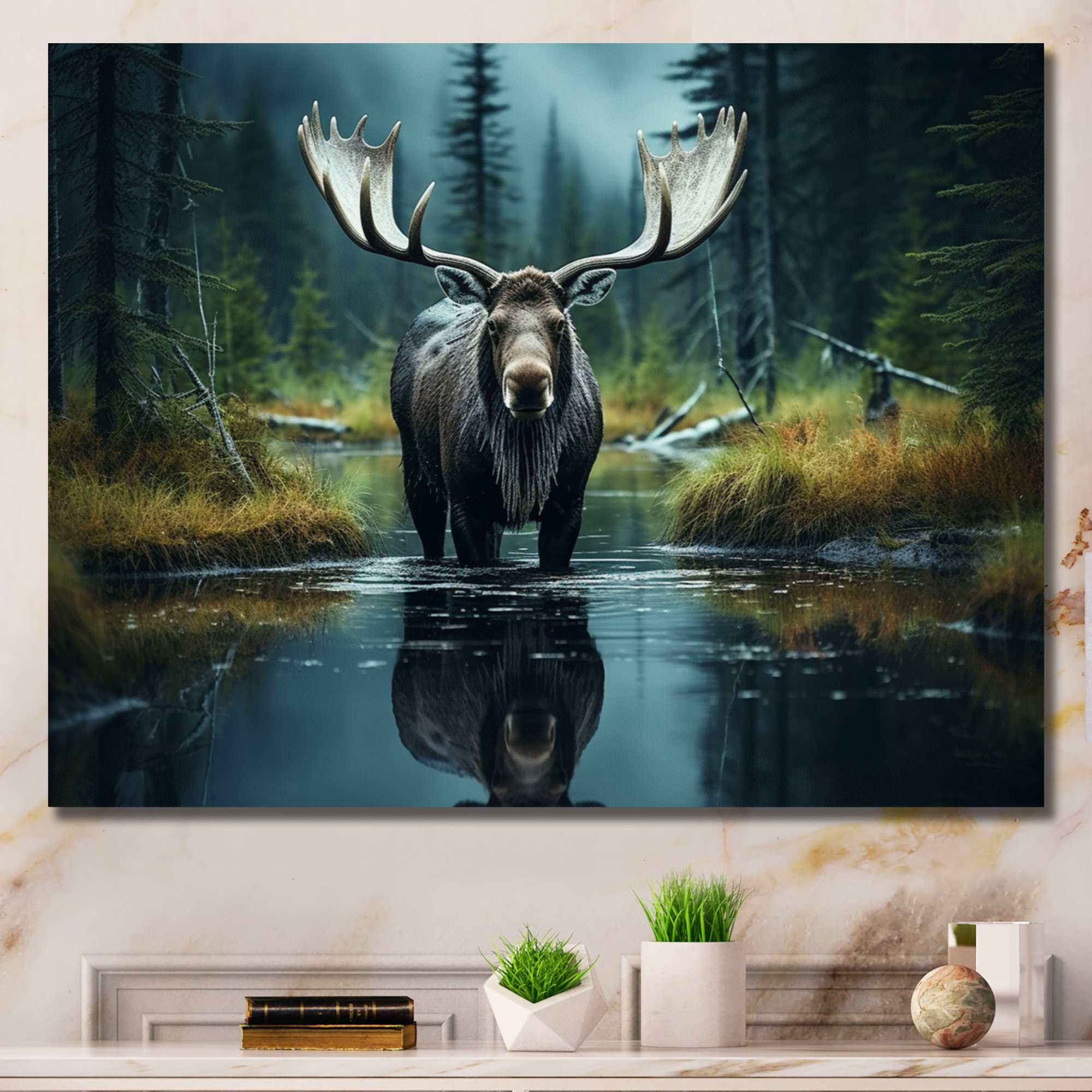 Foundry Select Green Moose Forest Dusk Framed On Canvas Print | Wayfair