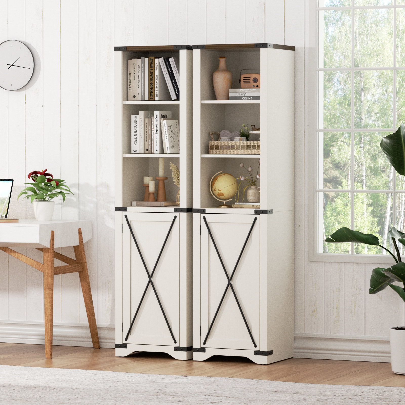 Gracie Oaks 5-Tier Tall Narrow Bookshelf, Farmhouse Antique White ...