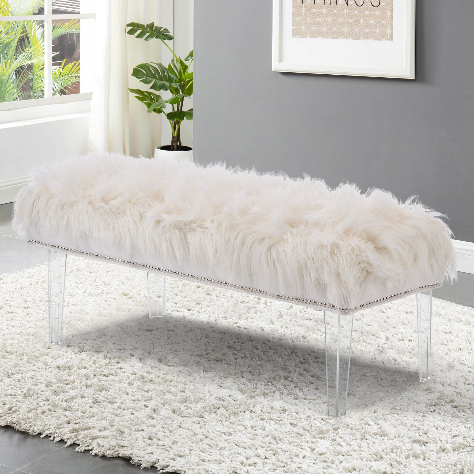 Mercer41 46 Inch Bedroom Bench, Faux Fur Upholstered Bed End Bench ...