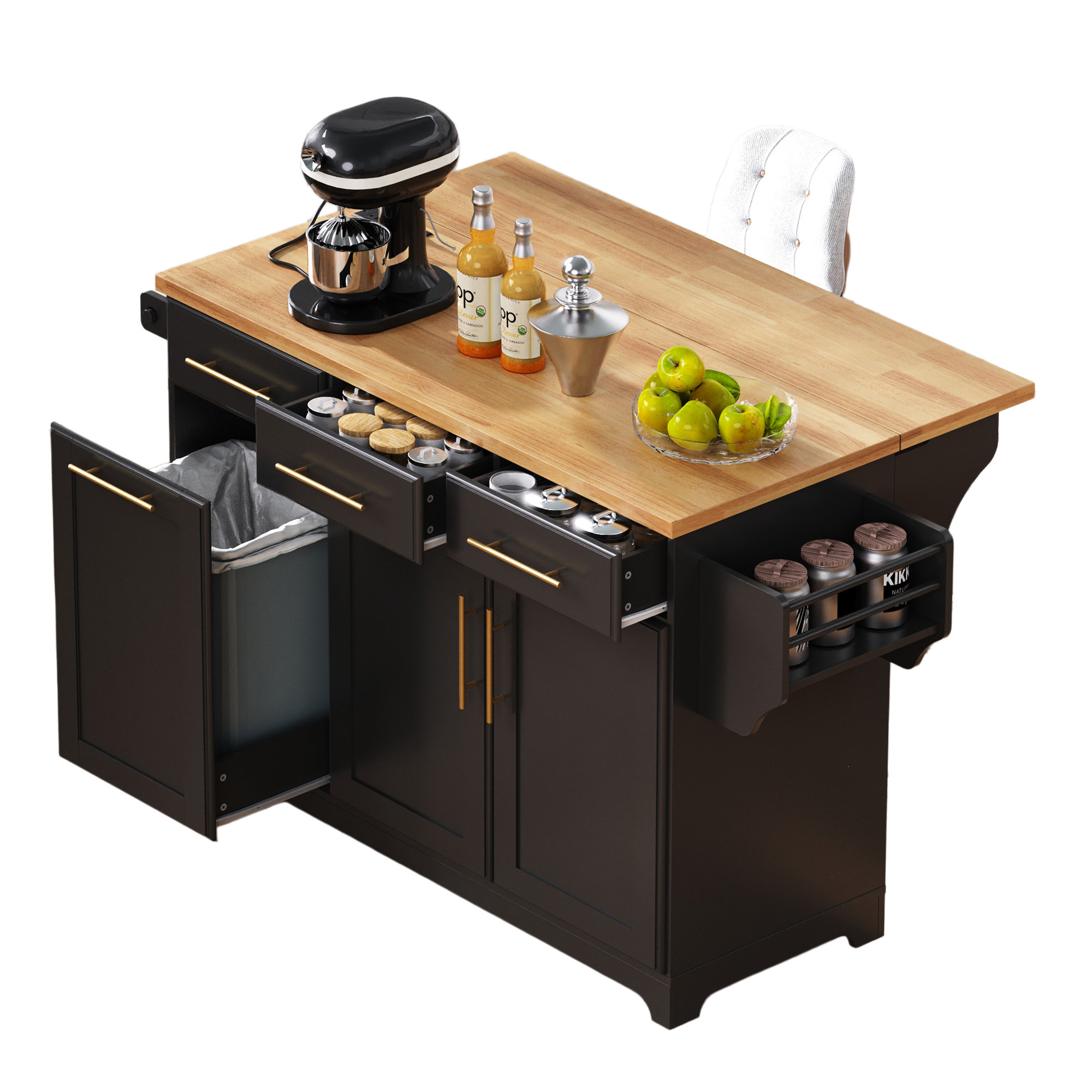 Ebern Designs Rolling Kitchen Island With Rubber Wood Drop Leal Top ...