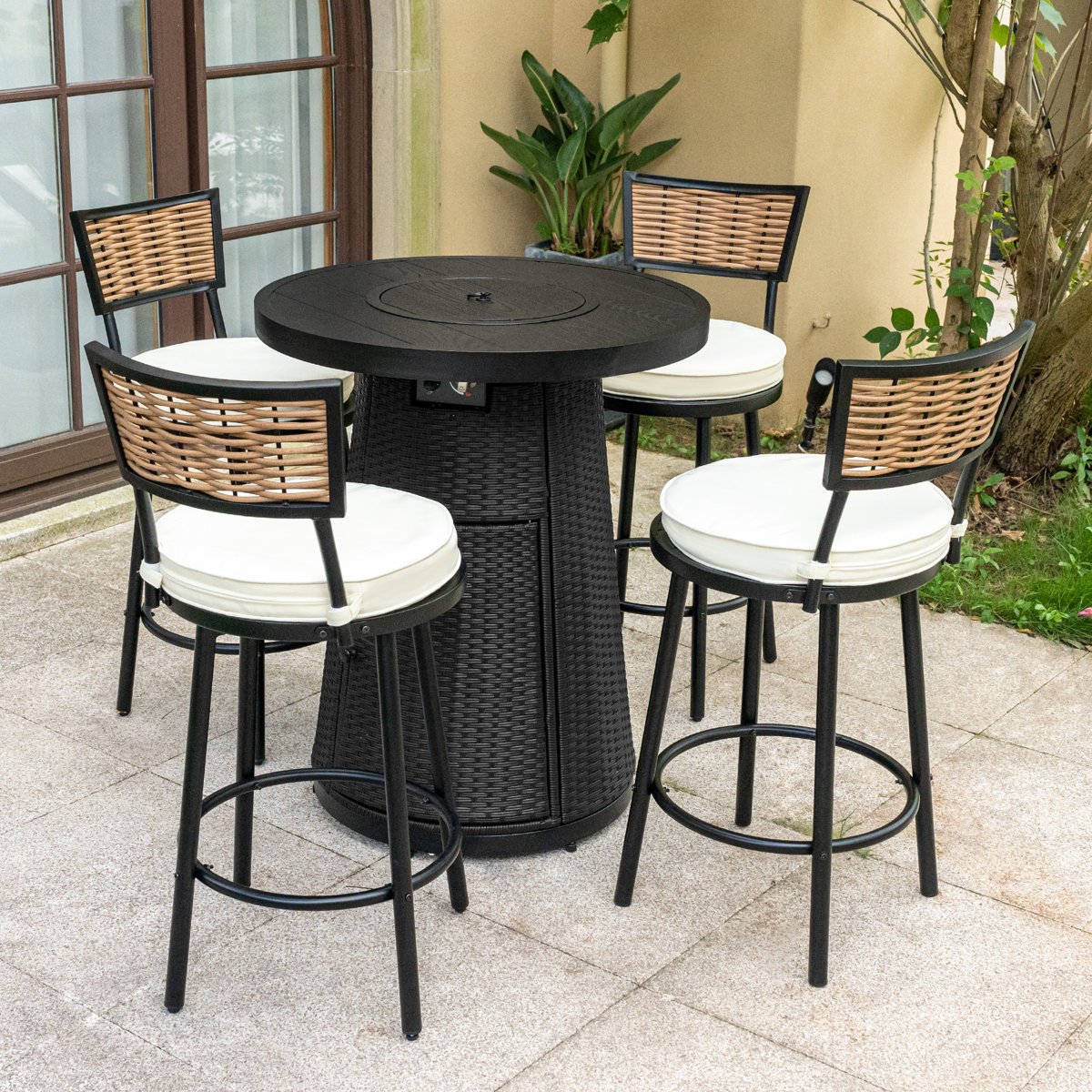 Bayou Breeze 37"H X 31.5“W Rattan Propane Outdoor Fire Table With 4 ...