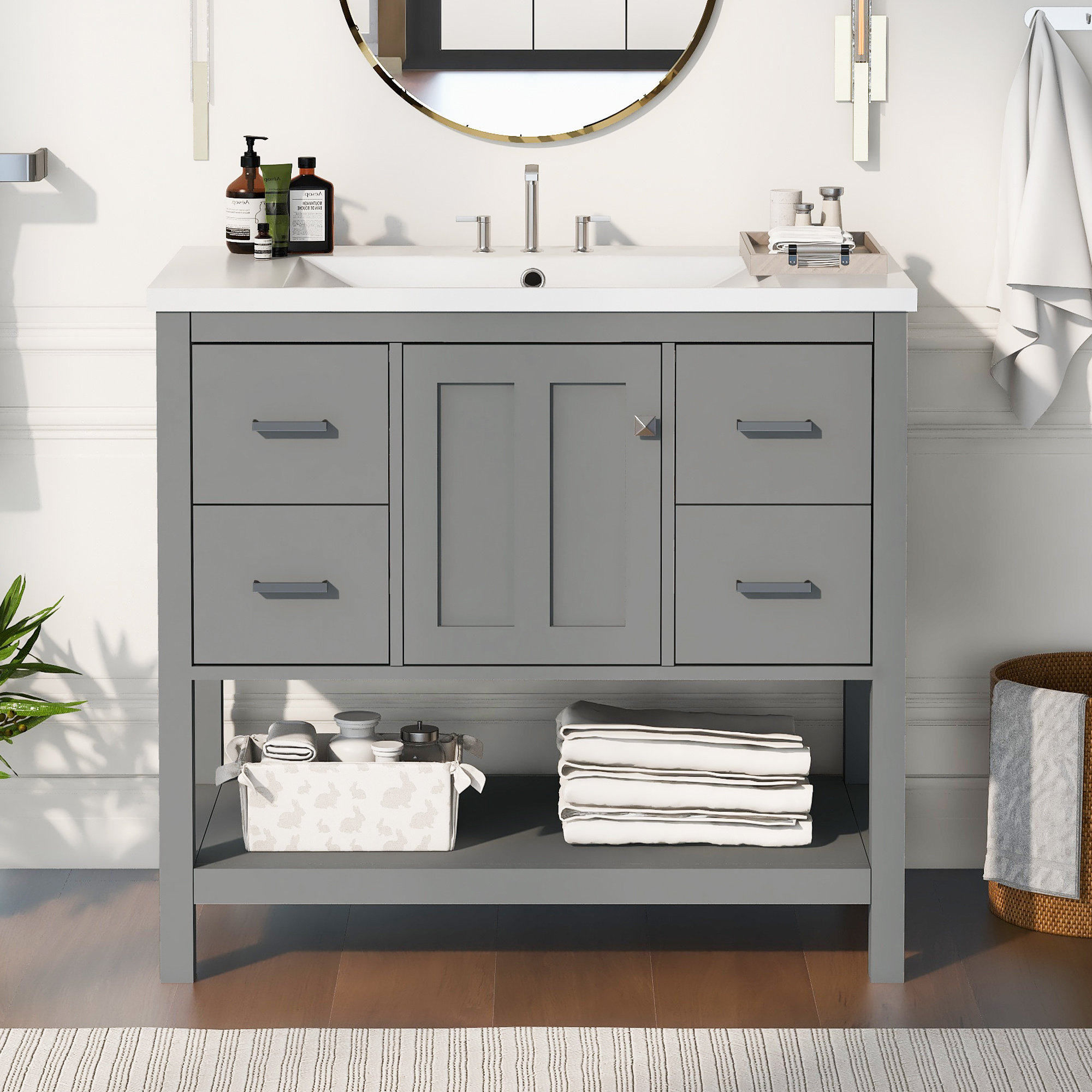 George Oliver Gray Modern Bathroom Vanity With Usb,two Shallow Drawers ...