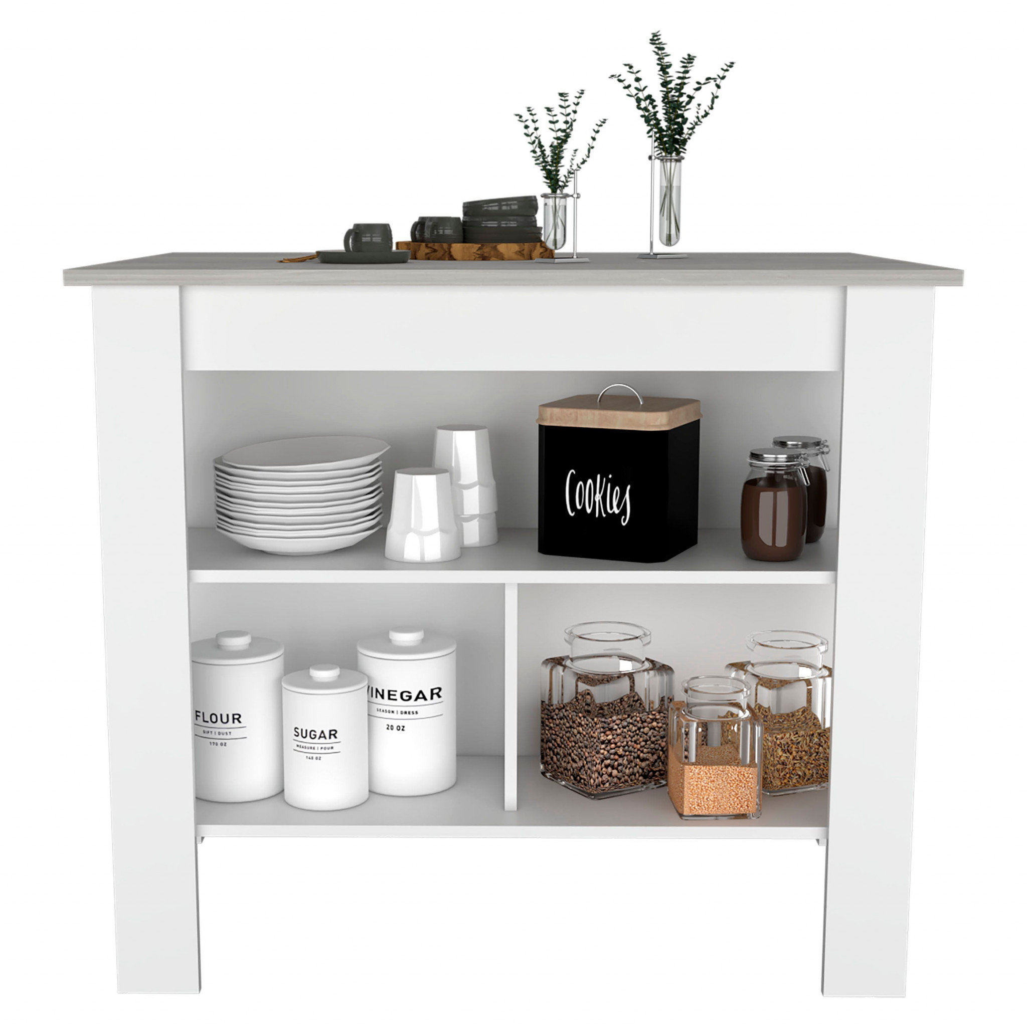 Latitude Run® Marble And White Kitchen Island With Three Storage ...