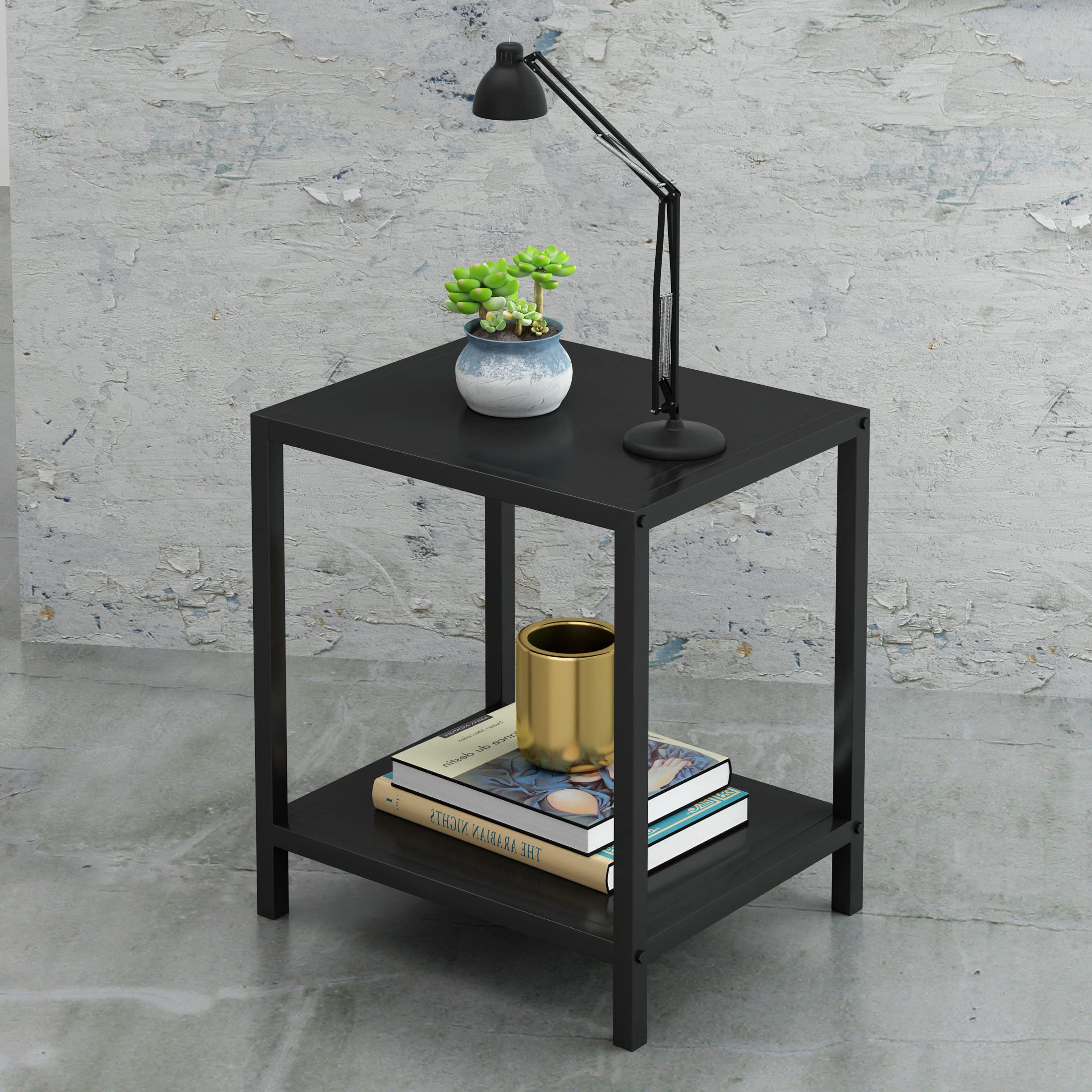 Ebern Designs Black Metal Nightstand - 2 Shelf Multipurpose End Table ...