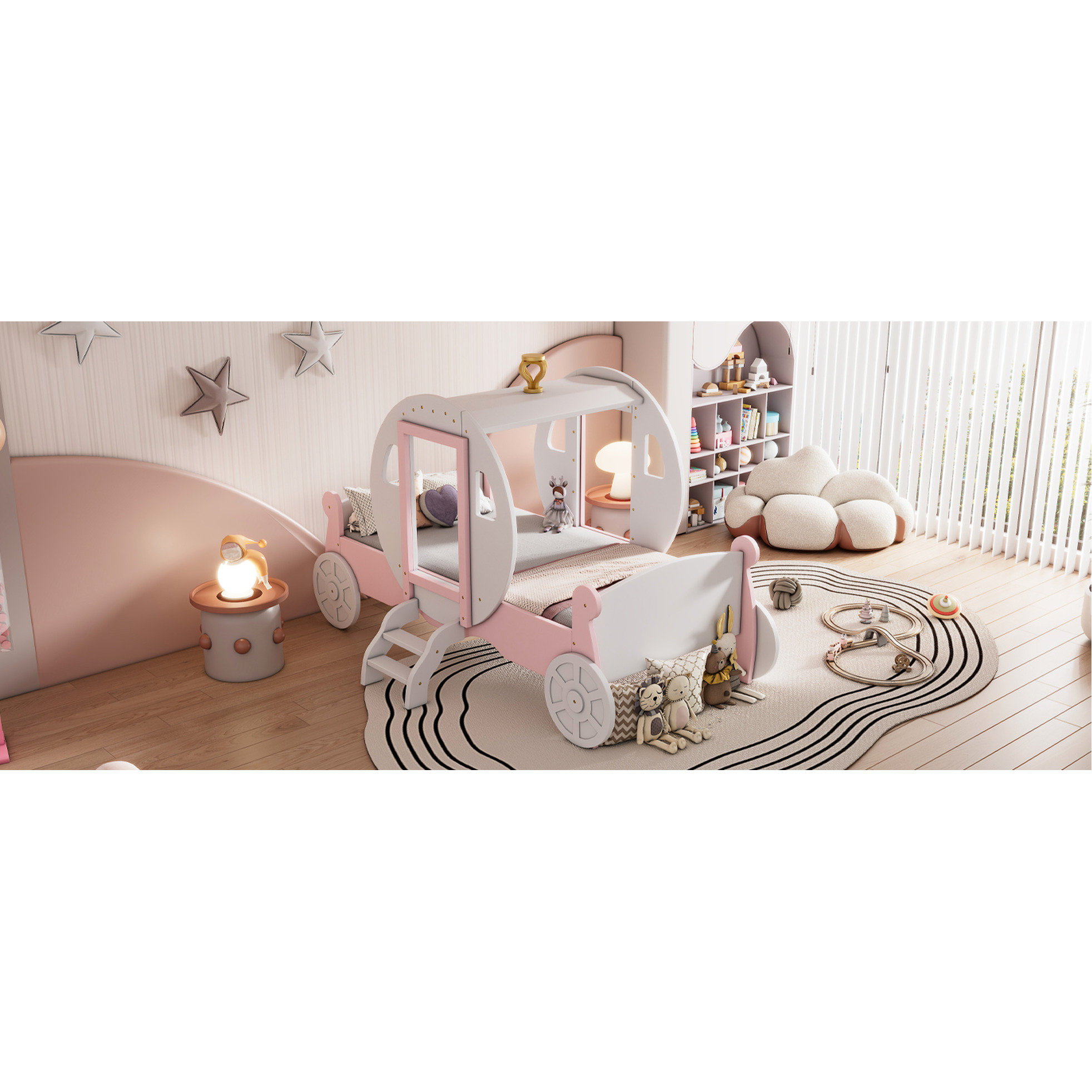 Mercer41 Pink Twin Size Carriage Bed With Stair, Crown - Adorned Bed ...