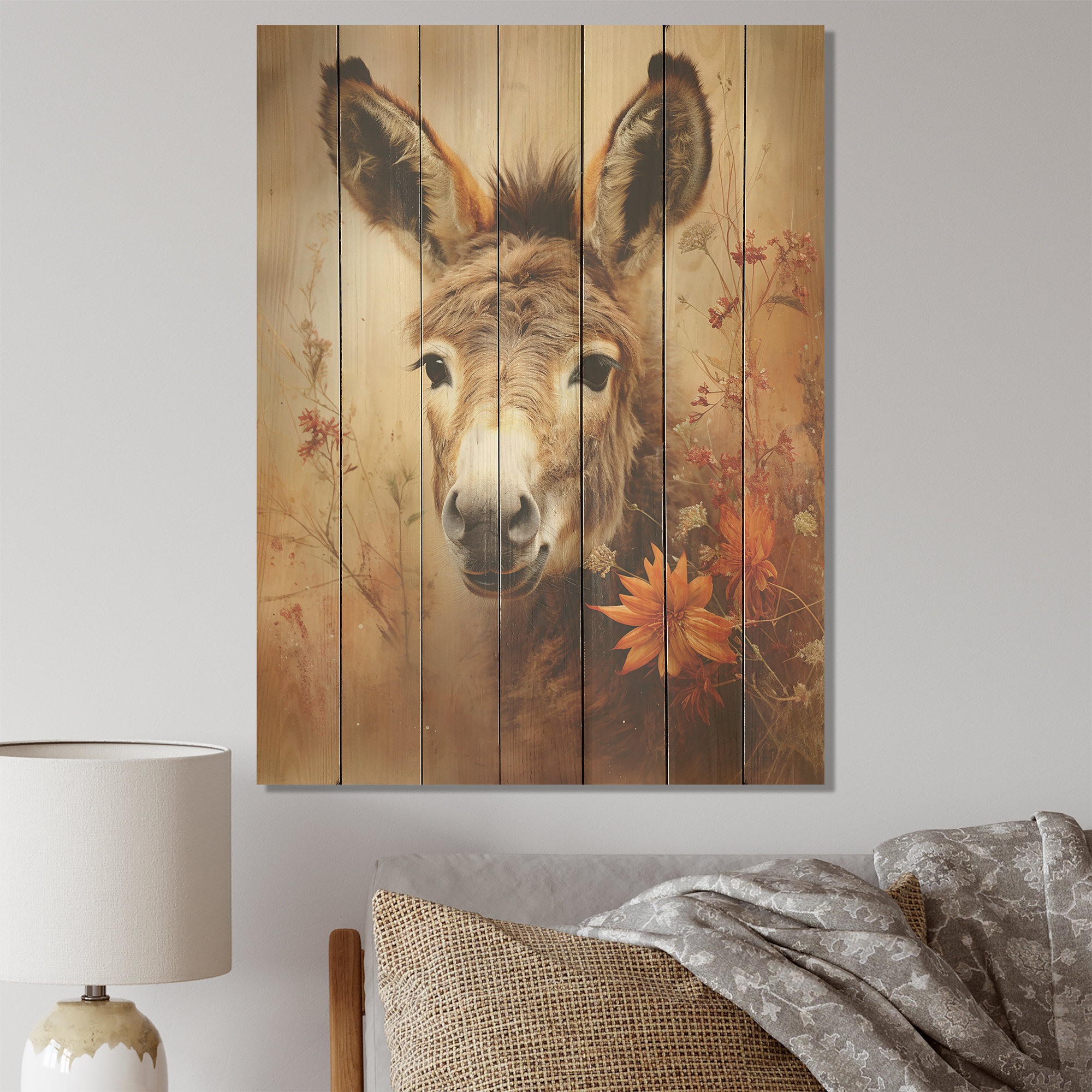 August Grove® Farmhouse Donkey Portrait In Autumn - Donkey On Wood ...