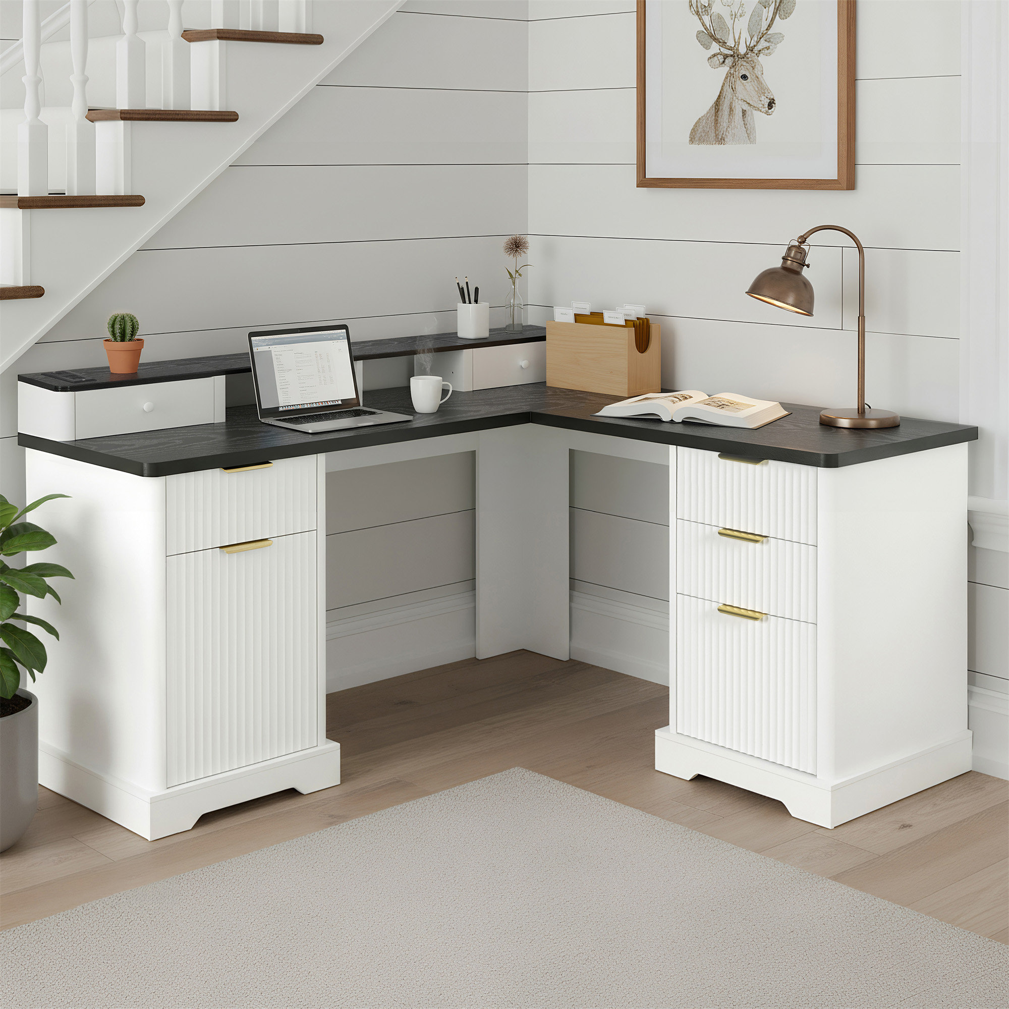Latitude Run® 59" Modern Fluted L-Shaped Desk With Charging Station ...