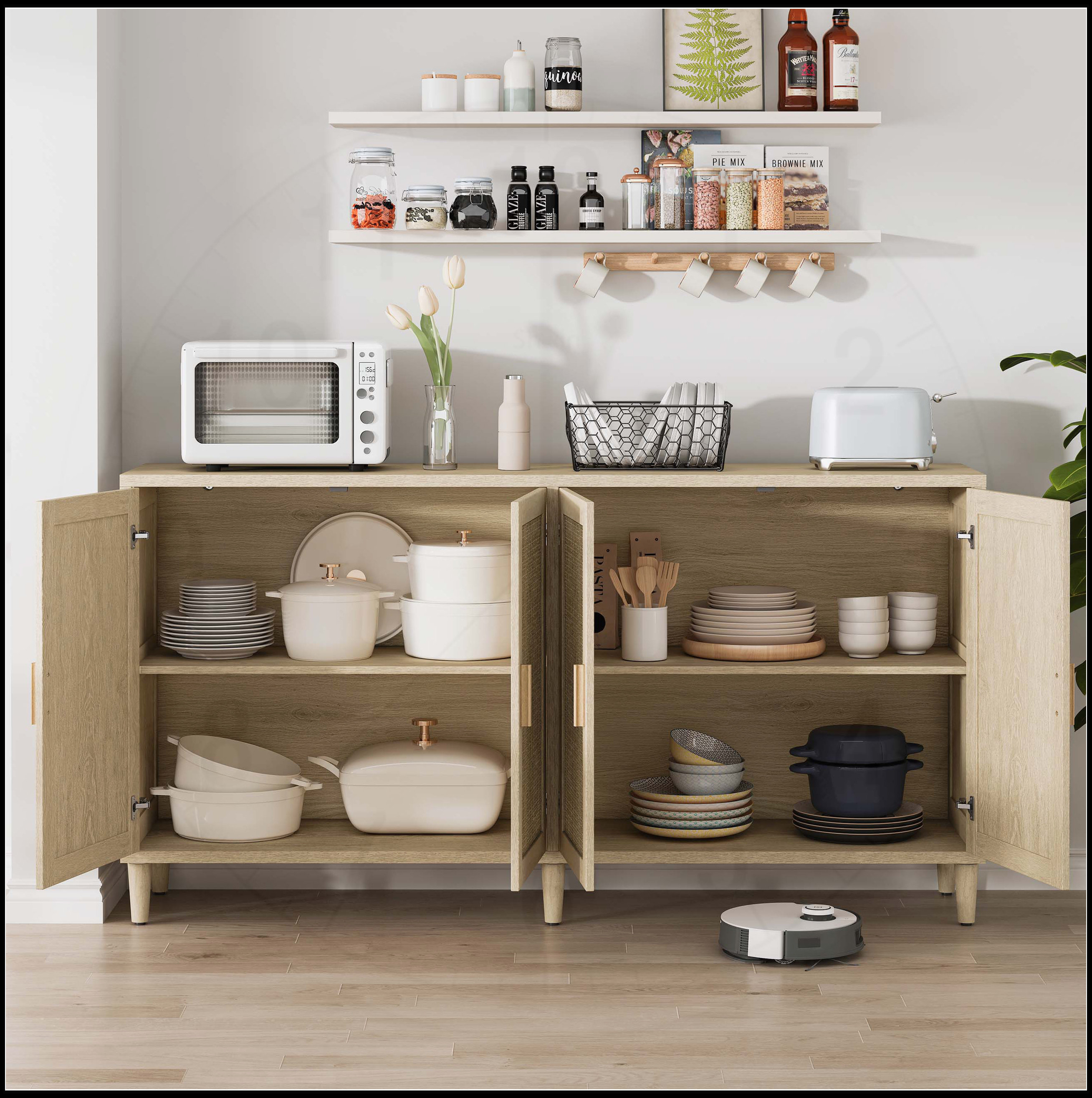 Highland Dunes 70" Rattan Buffet Cabinet with Storage, 4-Door Sideboard ...