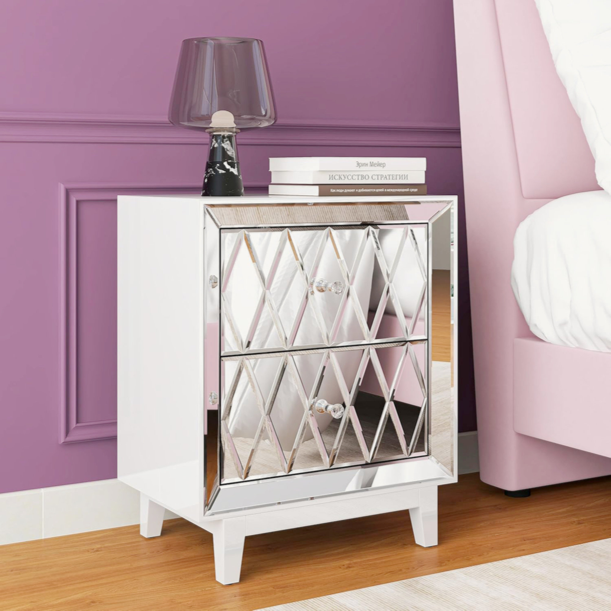 Orren Ellis Mirrored Nightstand With 2 Drawers, Silver Night Stand ...