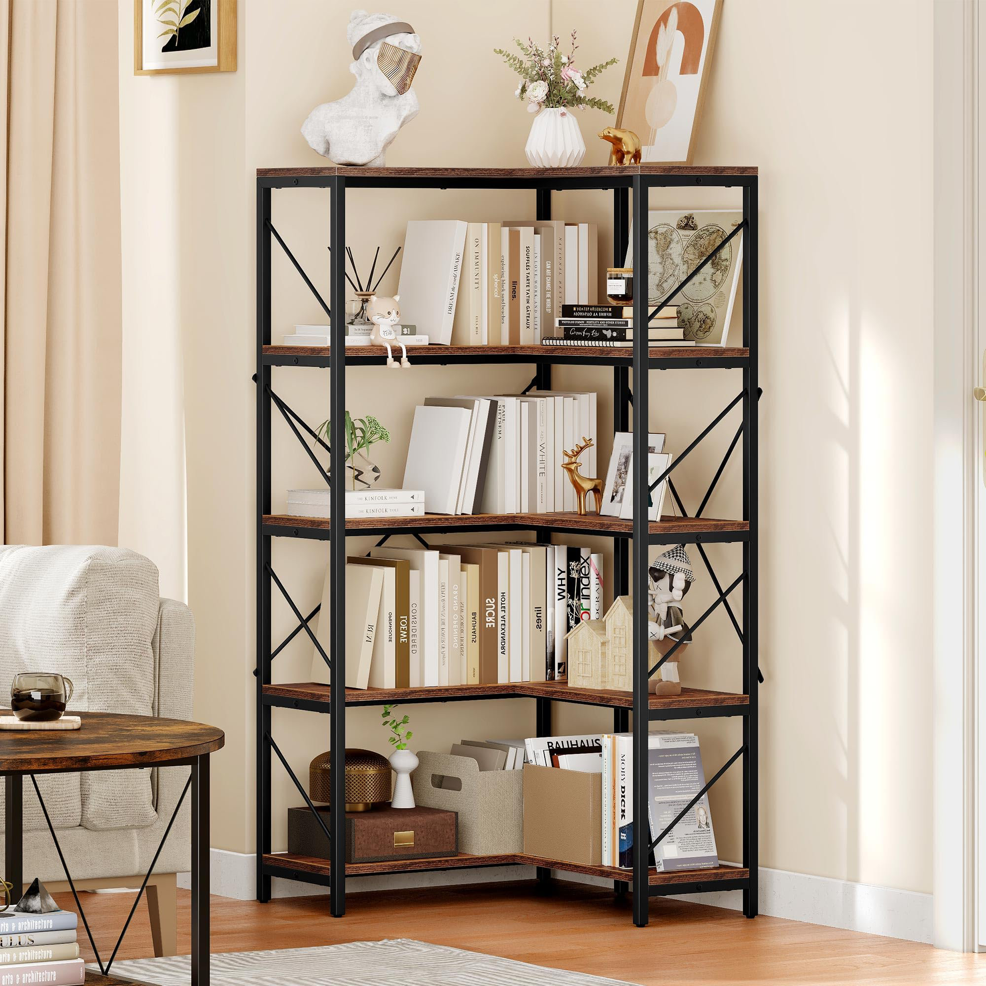 Latitude Run® Industrial Corner Shelf 5 Layer Bookcase, Large Storage ...