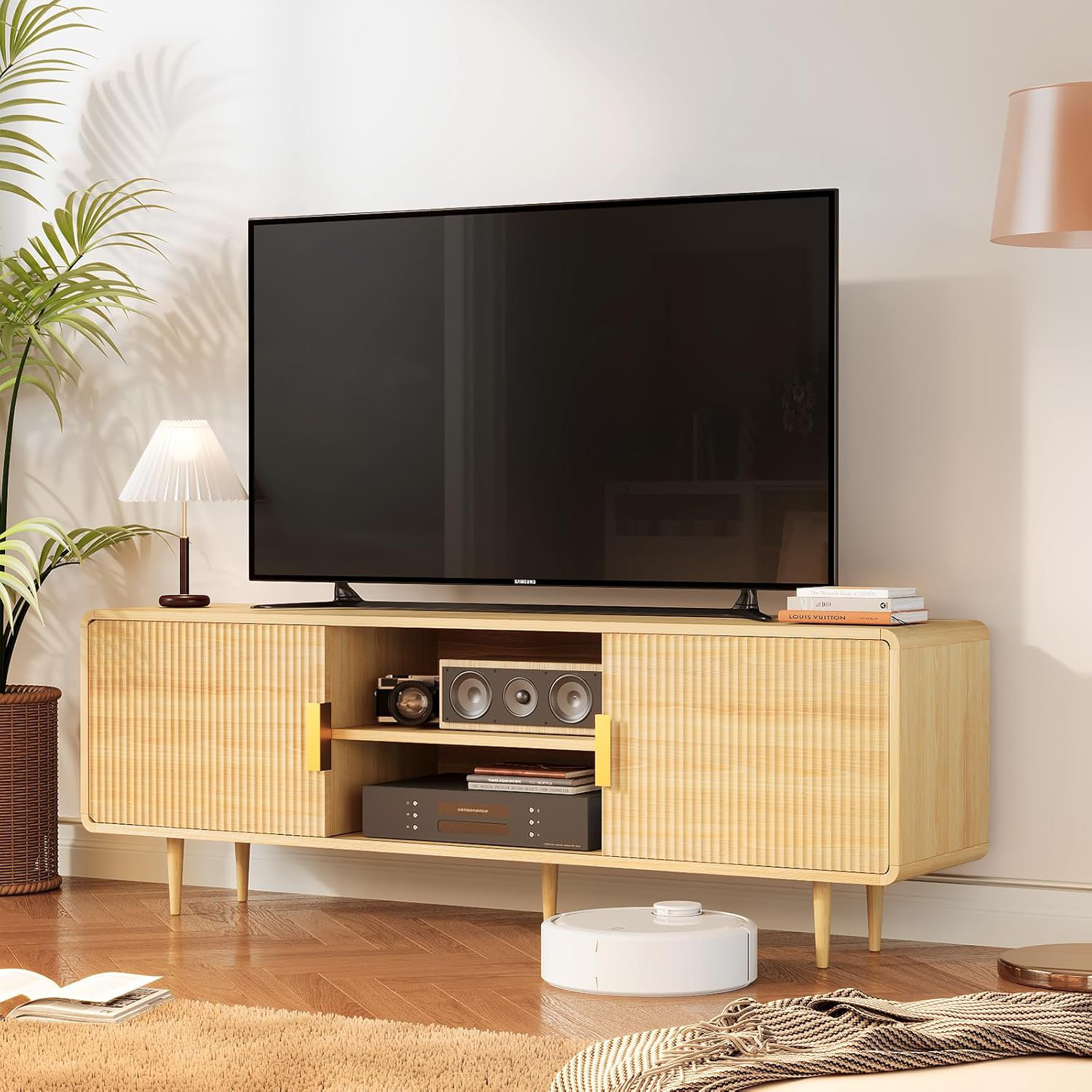 Mercer41 Modern Round Corner TV Stand with Storage Cabinet and Cable ...