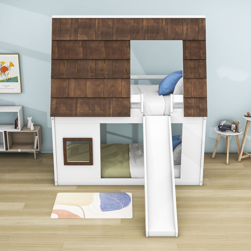 Harper Orchard Turing Kids Twin Over Twin Wood House Bunk Bed with Roof ...