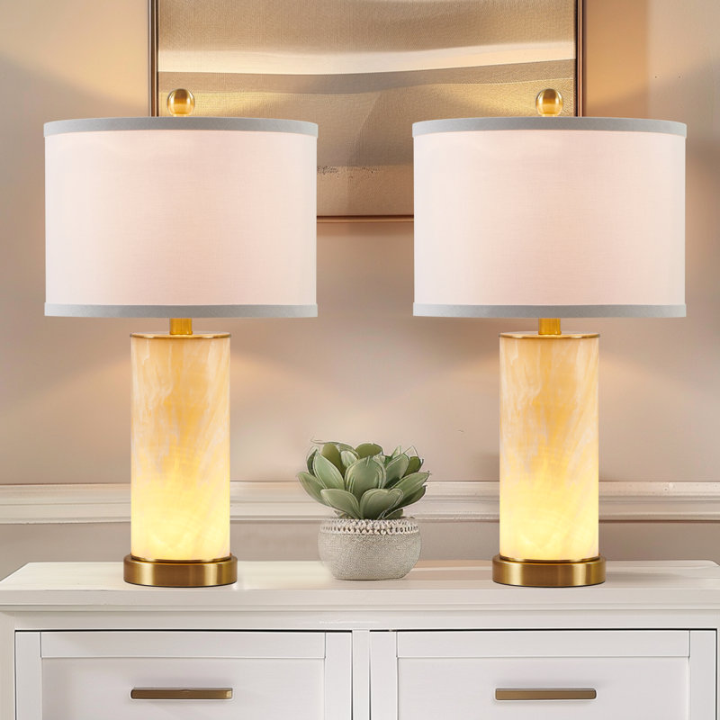 Kawoti Natural Marble Bedside Table Lamp Set with Night Light(Bulbs ...