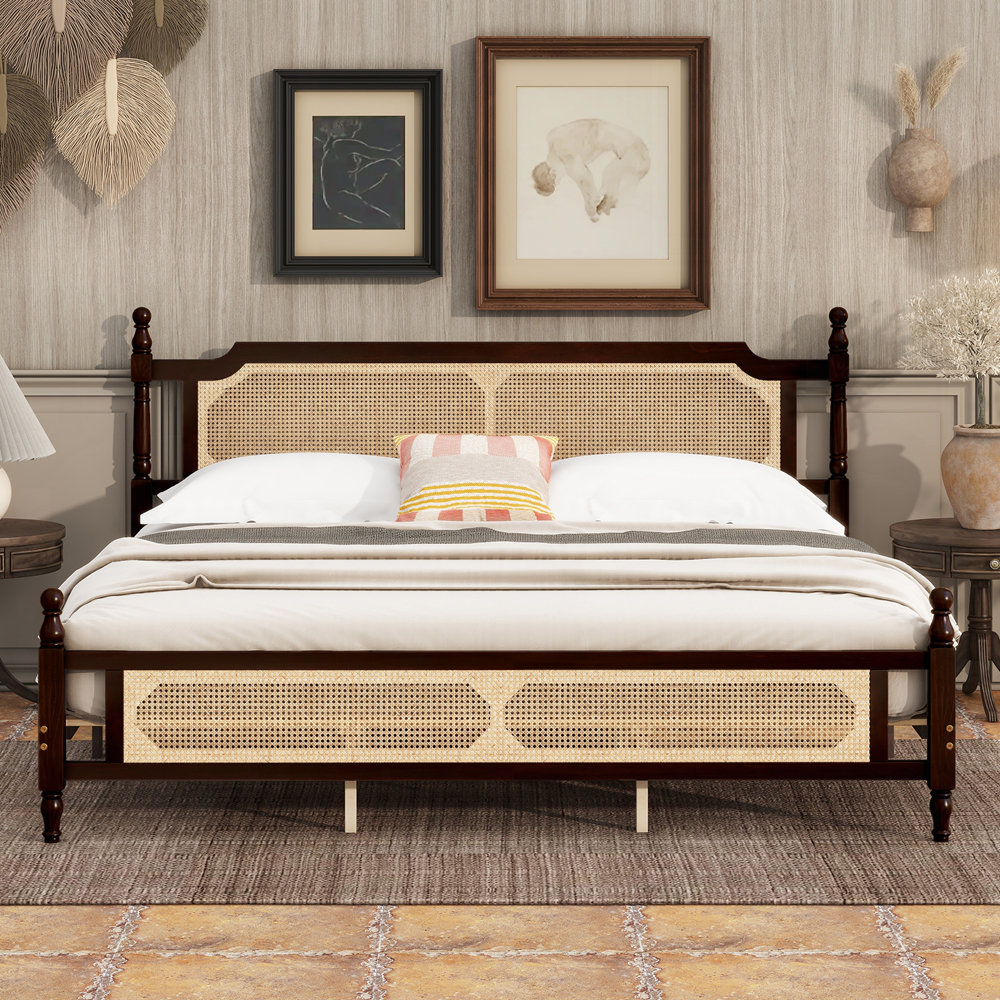 Red Barrel Studio® Elegant Rattan Headboard Bed with Spherical-Head ...