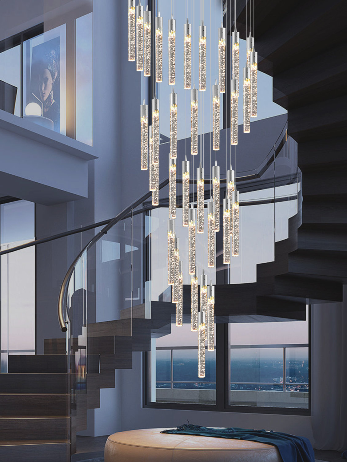 Orren Ellis Adelo 12.5ft Silver 36-Lights Staircase Crystal Chandeliers ...