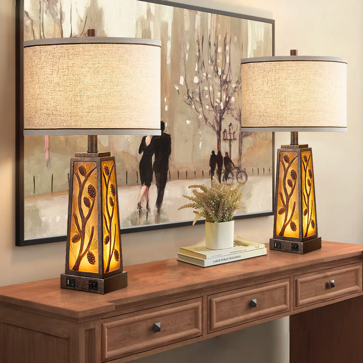 Ivy Bronx Jariah 25" Resin Table Lamp Set With Night Light And USB ...