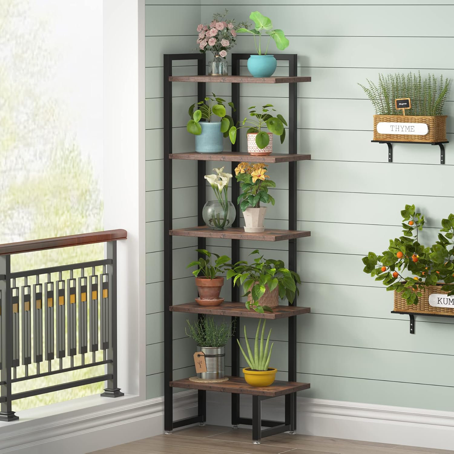 17 Stories Industrial 5 Tier Wood Corner Shelf Stand With Rectangle ...