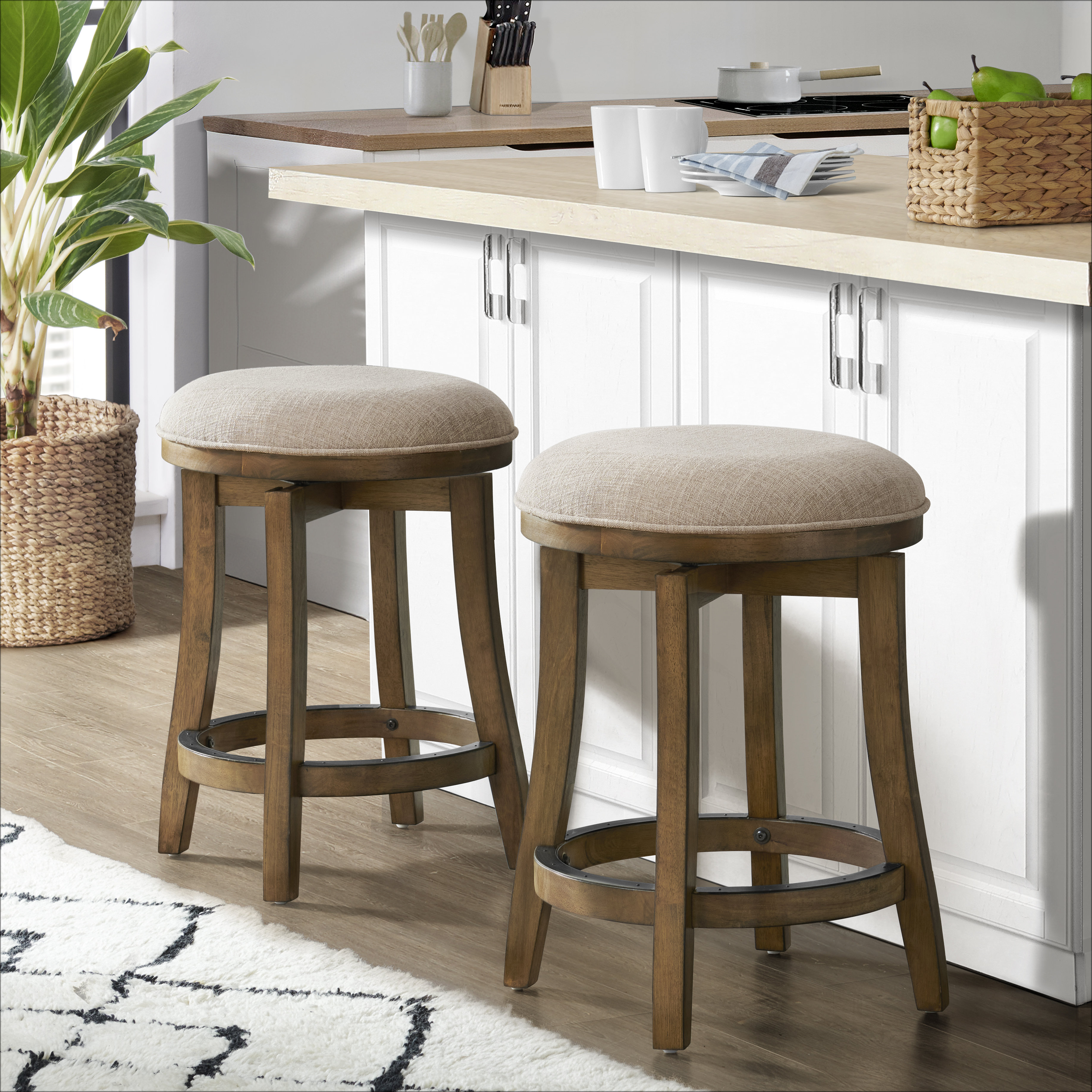 Alaterre Ellie Upholstered Swivel Stool Chairs with Padded Seat and ...