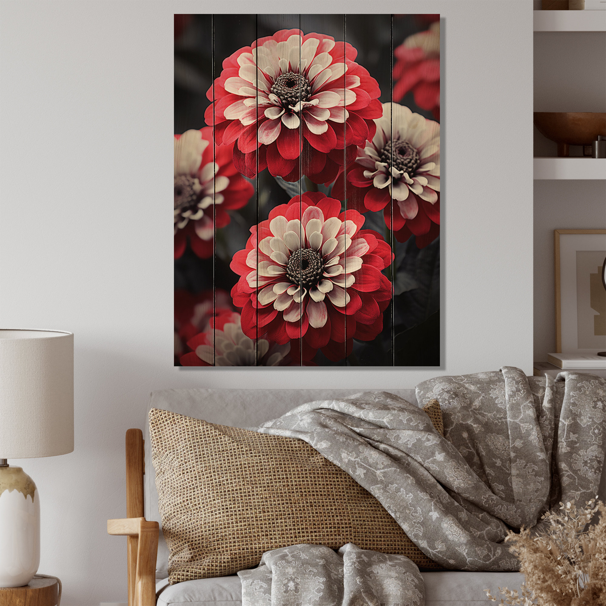 Red Barrel Studio Jarib Red Grey Zinnias Zestful II On Wood Print ...