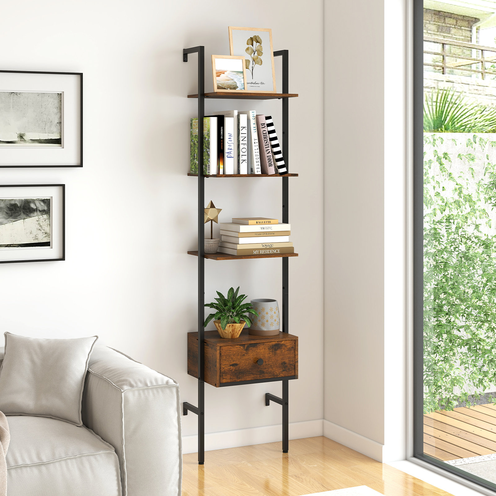 17 Stories 5-Tier Bookshelf w/ Drawer 70'' Wall Mount Ladder Bookcase w ...