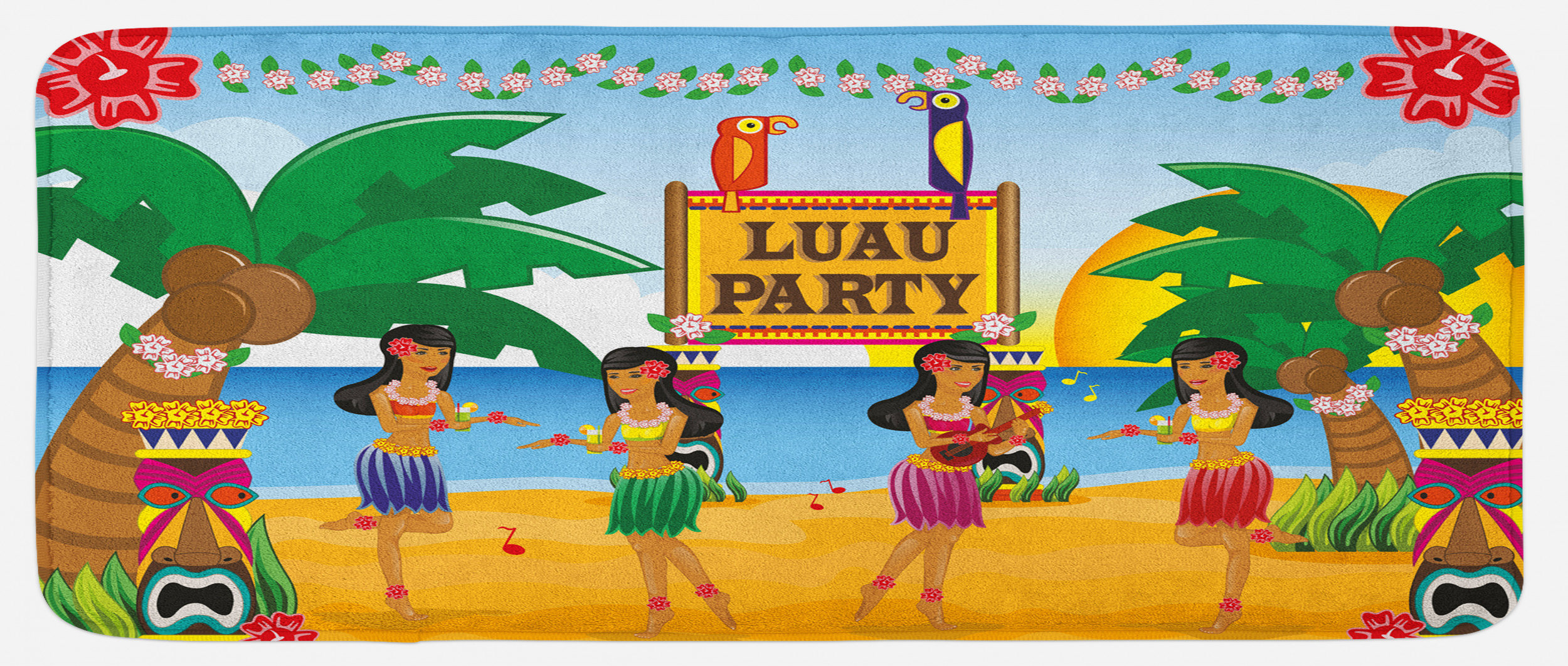 East Urban Home Hawaiian Luau Party In Funny Cartoon Style Dancers On ...