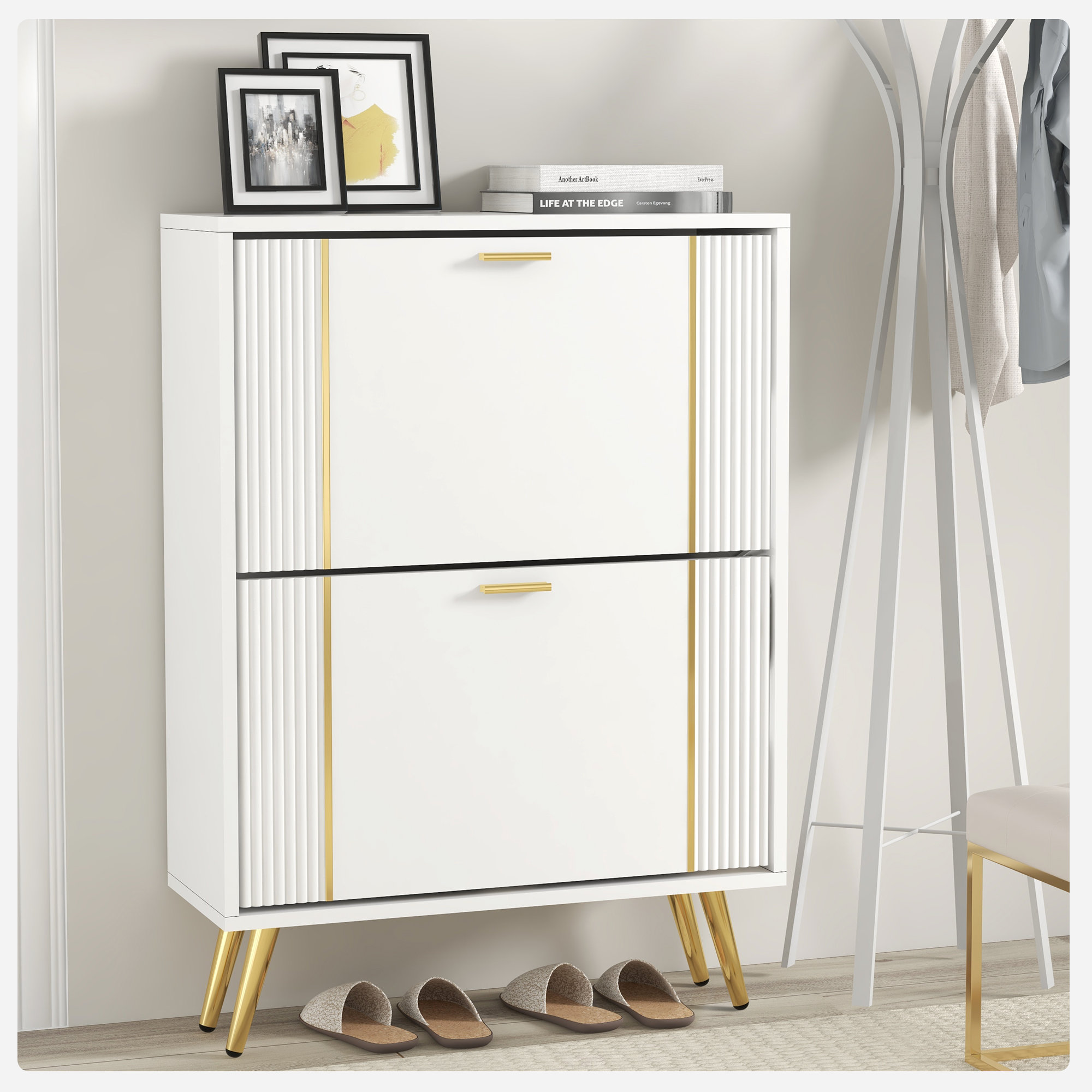 Mercer41 25 "w Flip Over Shoe Cabinet with Gold Stripe, 2 Drawers ...