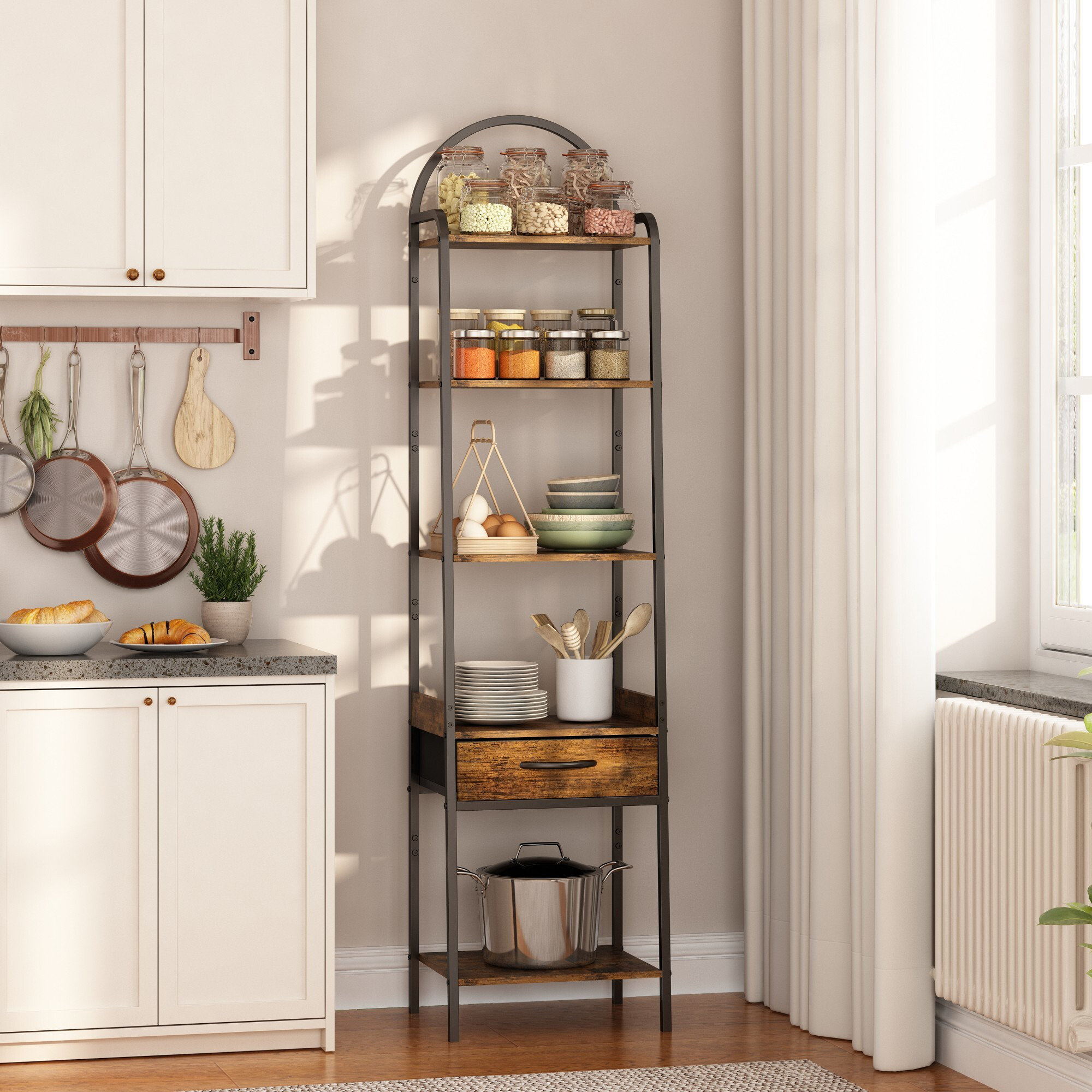 17 Stories 5-Tier Freestanding Ladder Bookshelf With Drawers, Vintage ...