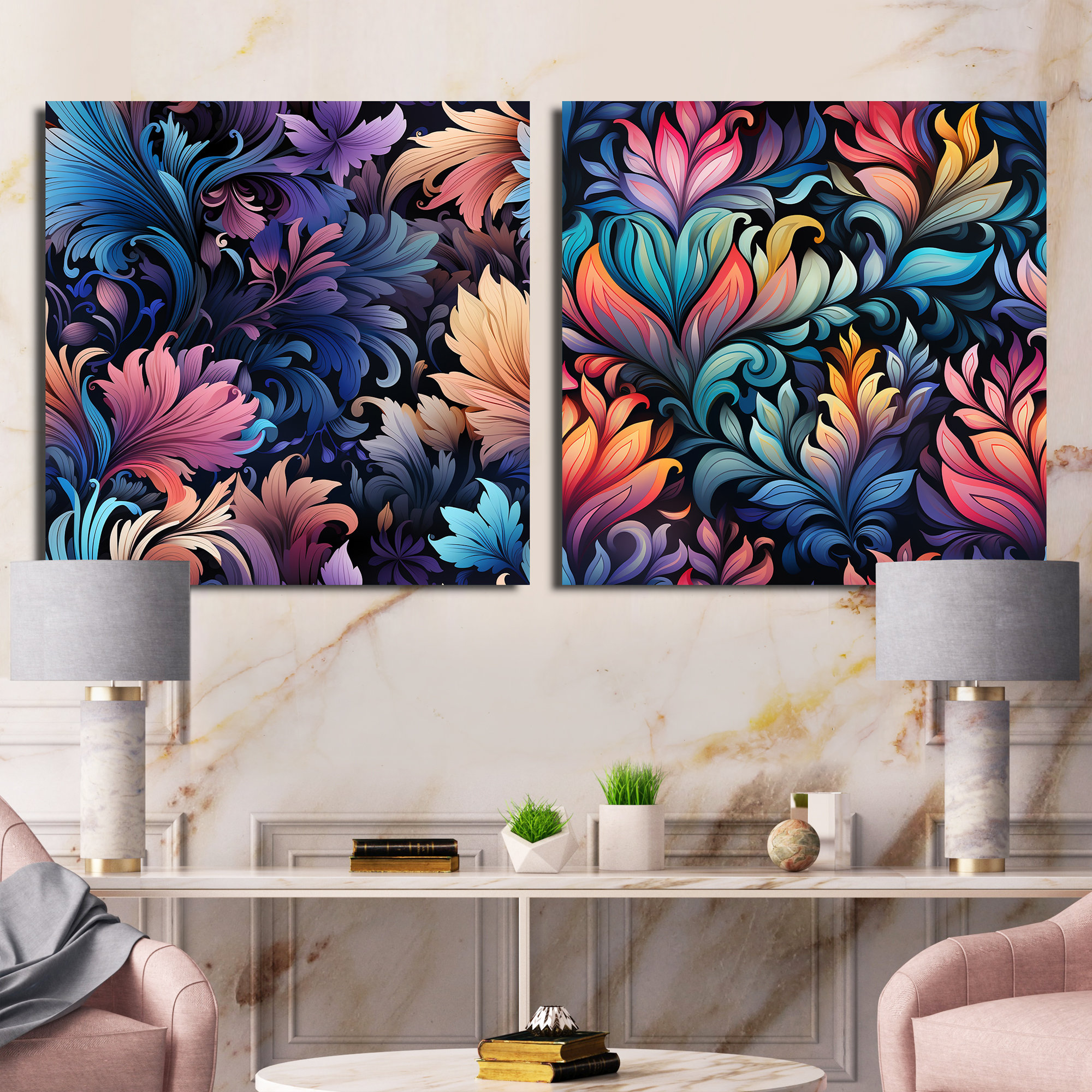 Design Art Purple Tribal Damask Blend - Abstract Botanicals Square ...