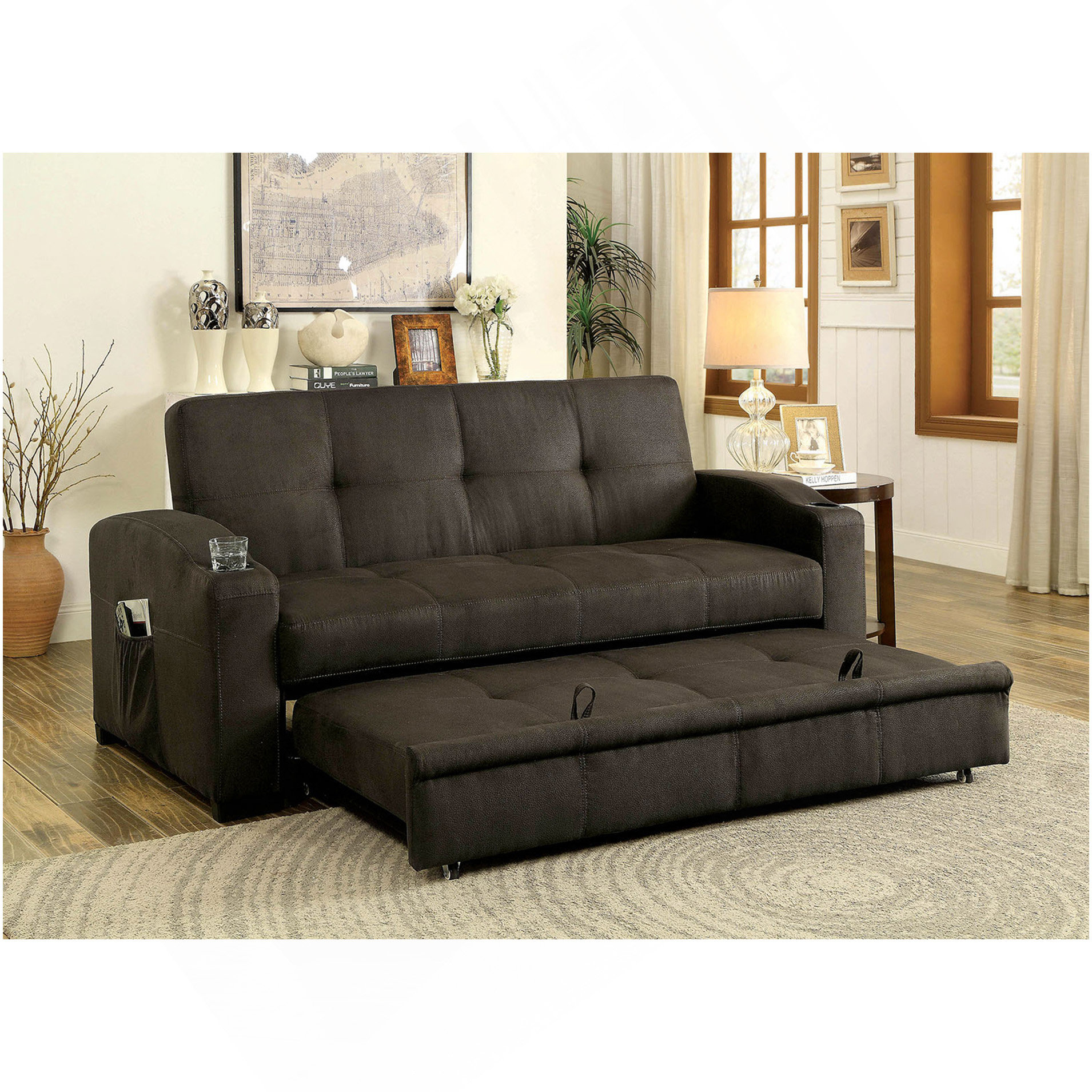 Latitude Run® Transitional Style Futon Sofa Button Tufted Built In Cup ...