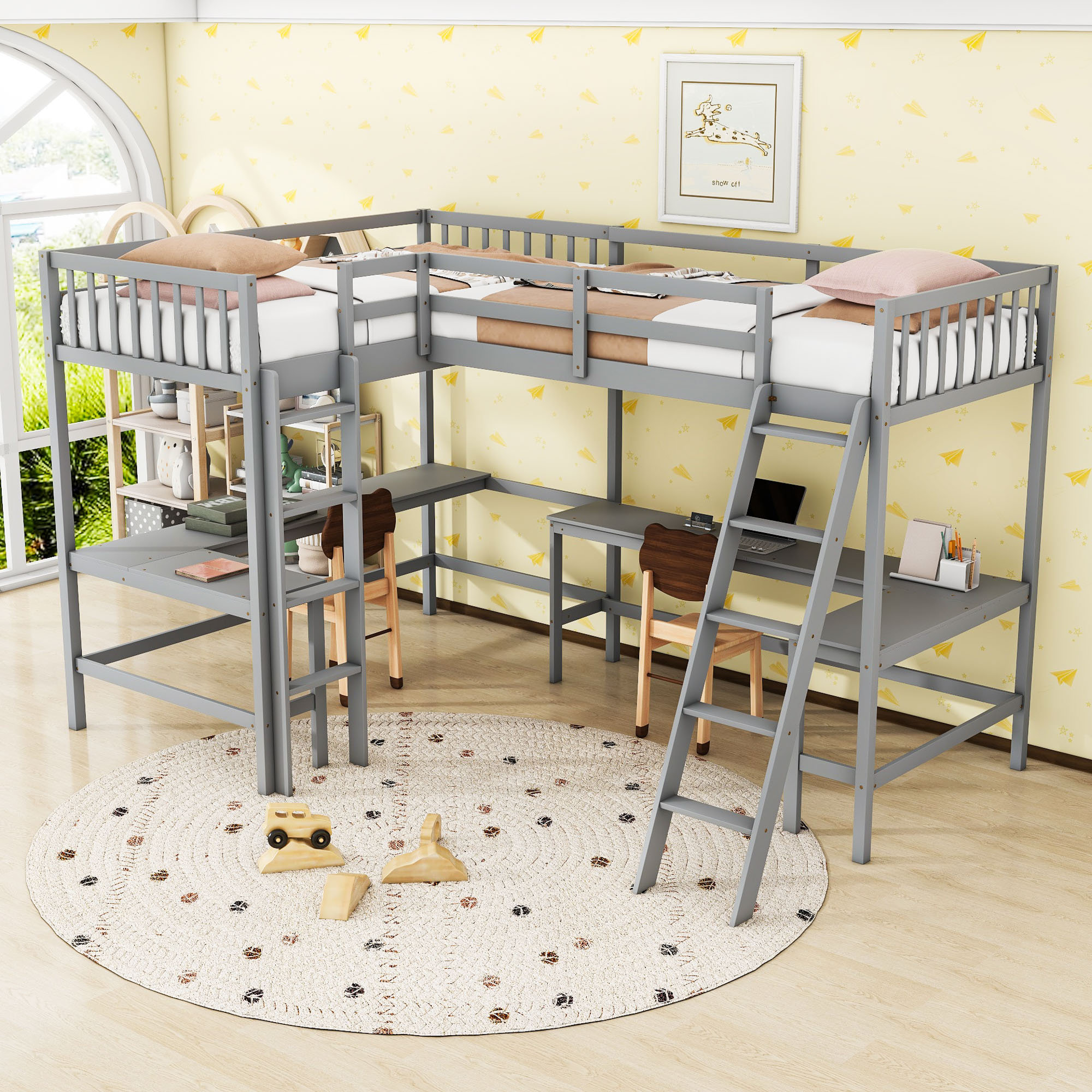 Harriet Bee Kimarri Modern Twin And Twin L-Shaped Loft Bed With 2 Built ...