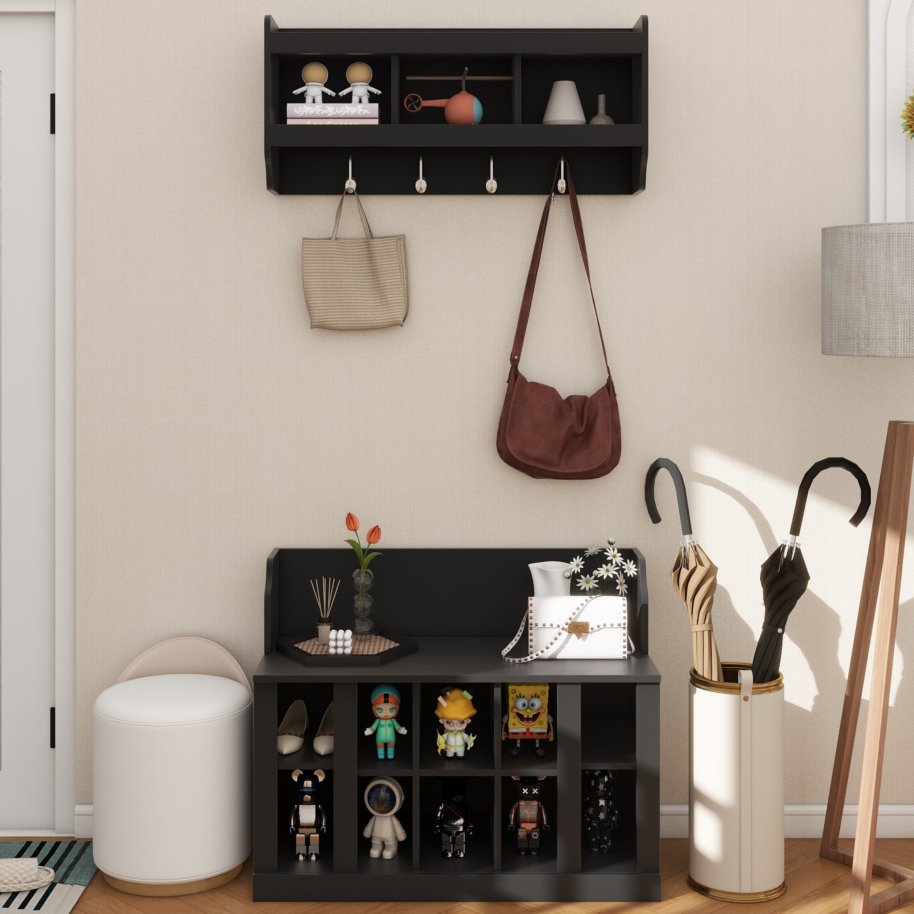 Lark Manor Banc de rangement pour chaussures avec tablettes et 4 ...