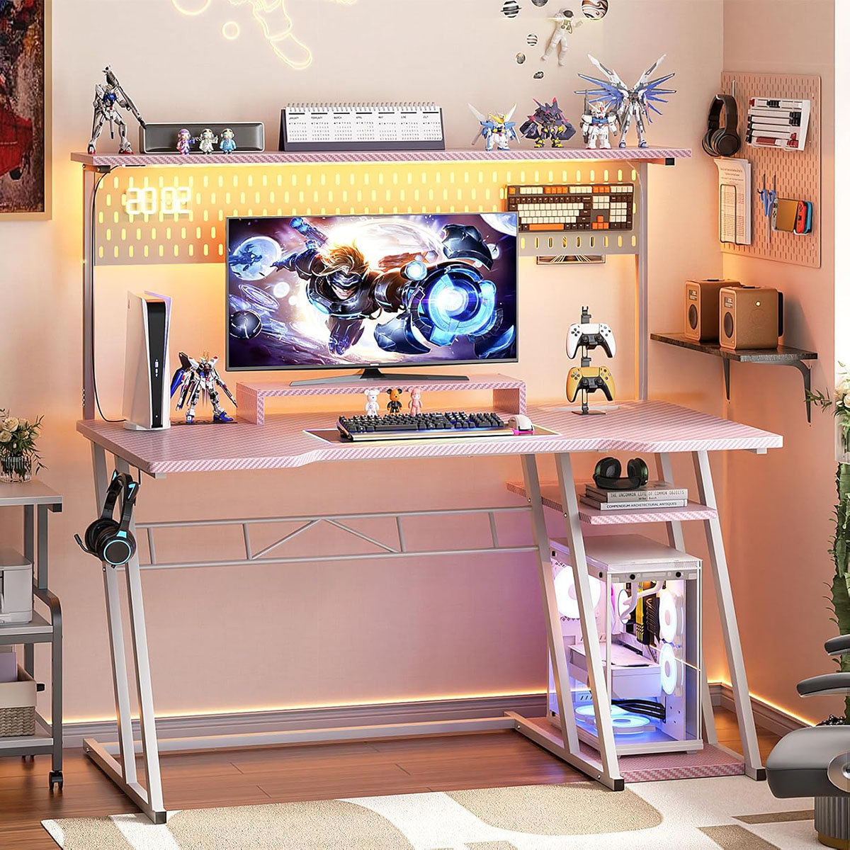 Inbox Zero Gaming Computer Desk With Hutch And LED Lights, 55'' Gaming ...