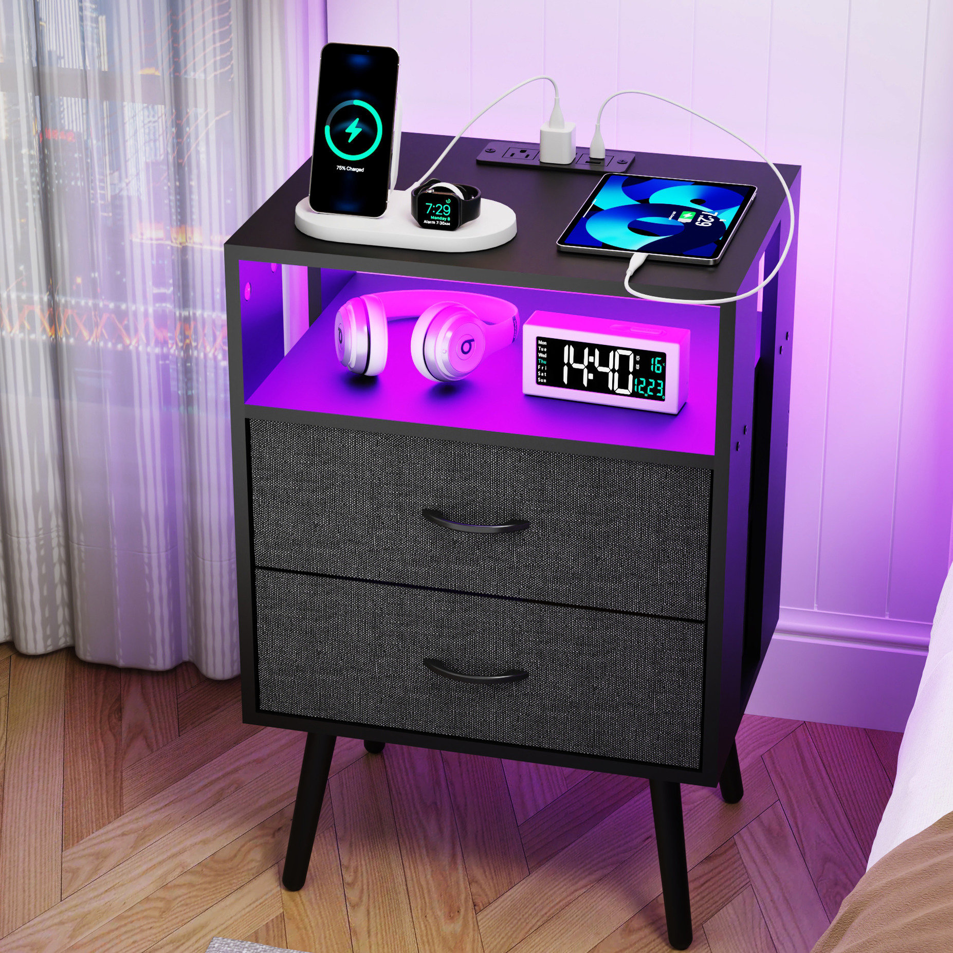 Brayden Studio® 2 Pack Bedside Tables With Charging Station And Led ...
