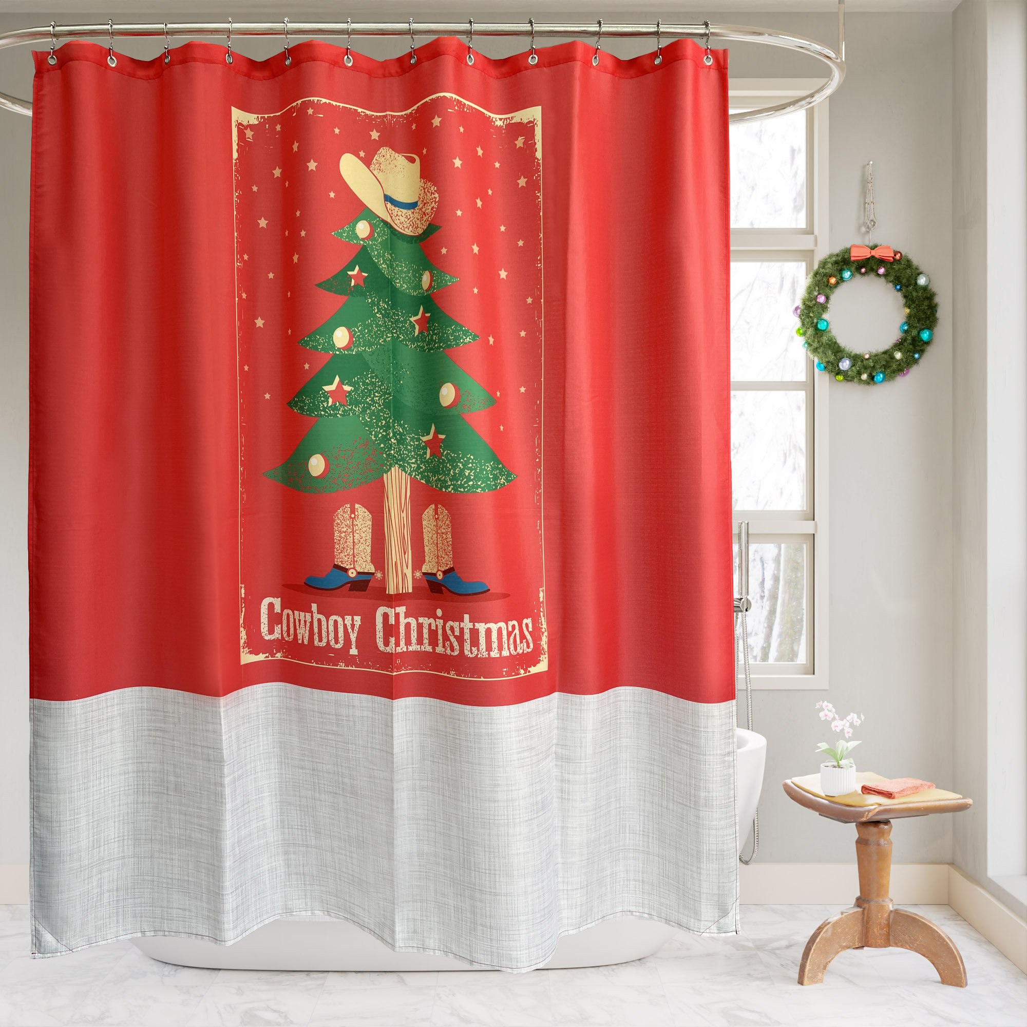 The Holiday Aisle® Christmas Cowboy Tree Slub Textured Shower Curtain ...