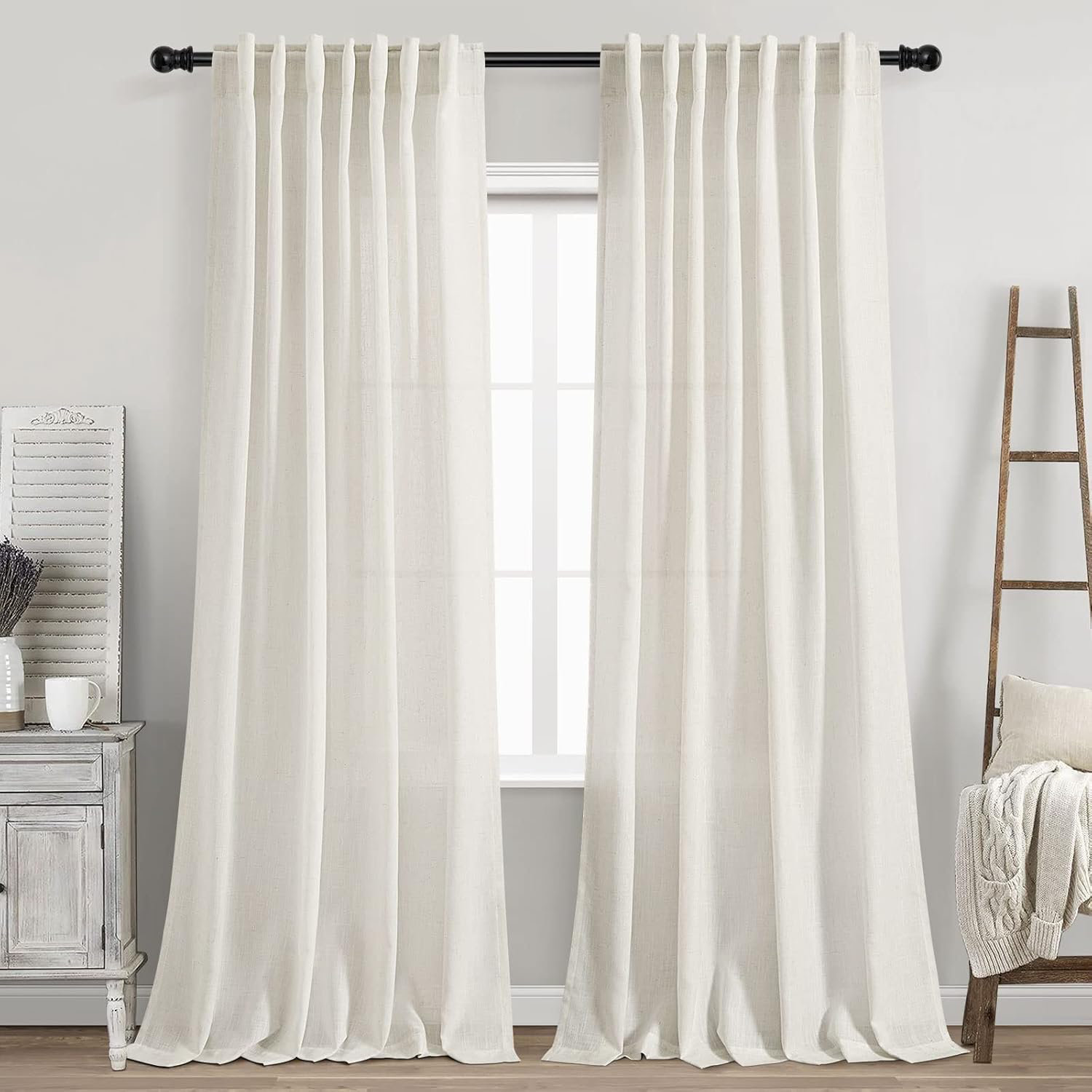 Hokku Designs Cream Natural Linen Curtains 90 Inch Length 2 Panels Set ...
