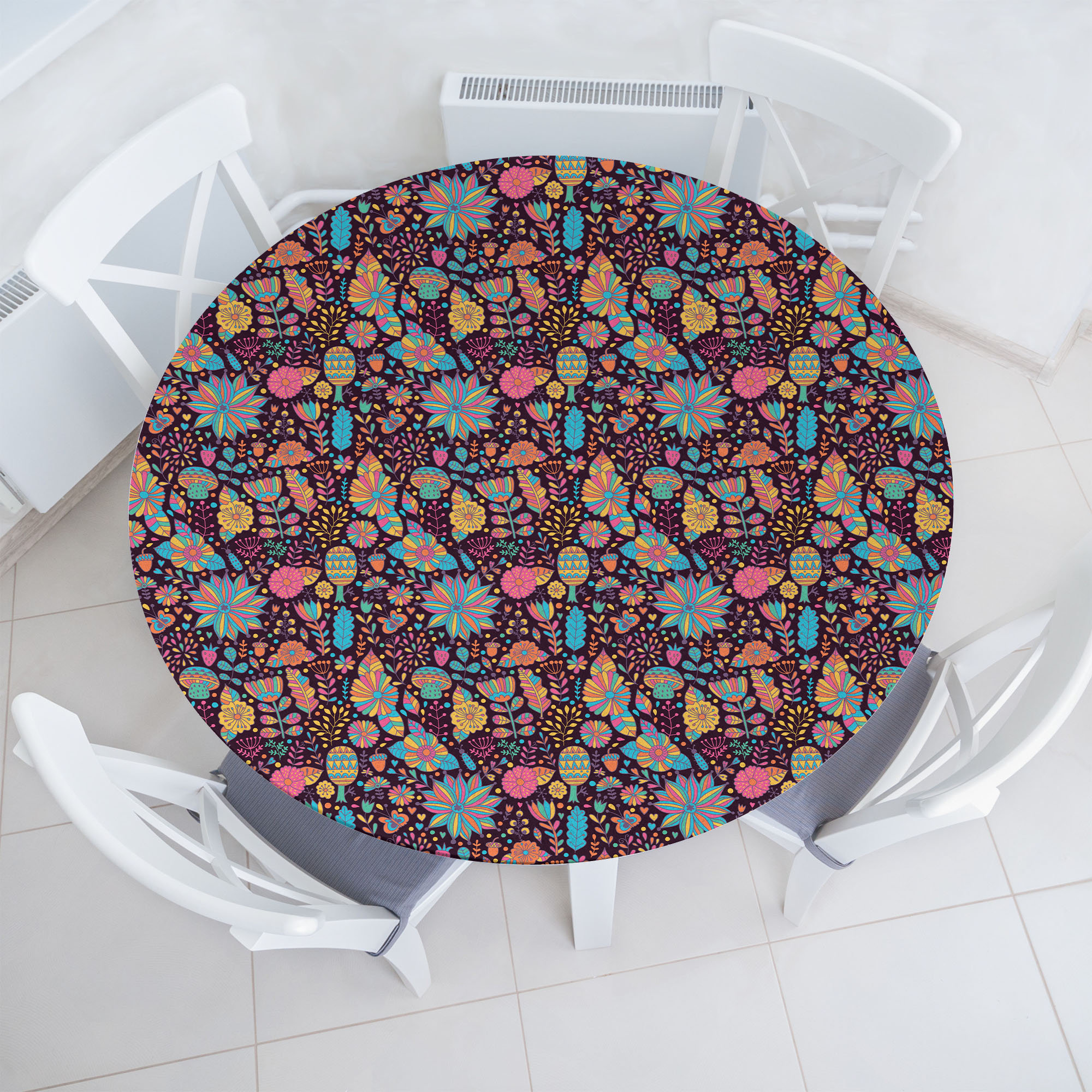 Bungalow Rose Flower Fitted Round Tablecloth Diameter Multicolor | Wayfair