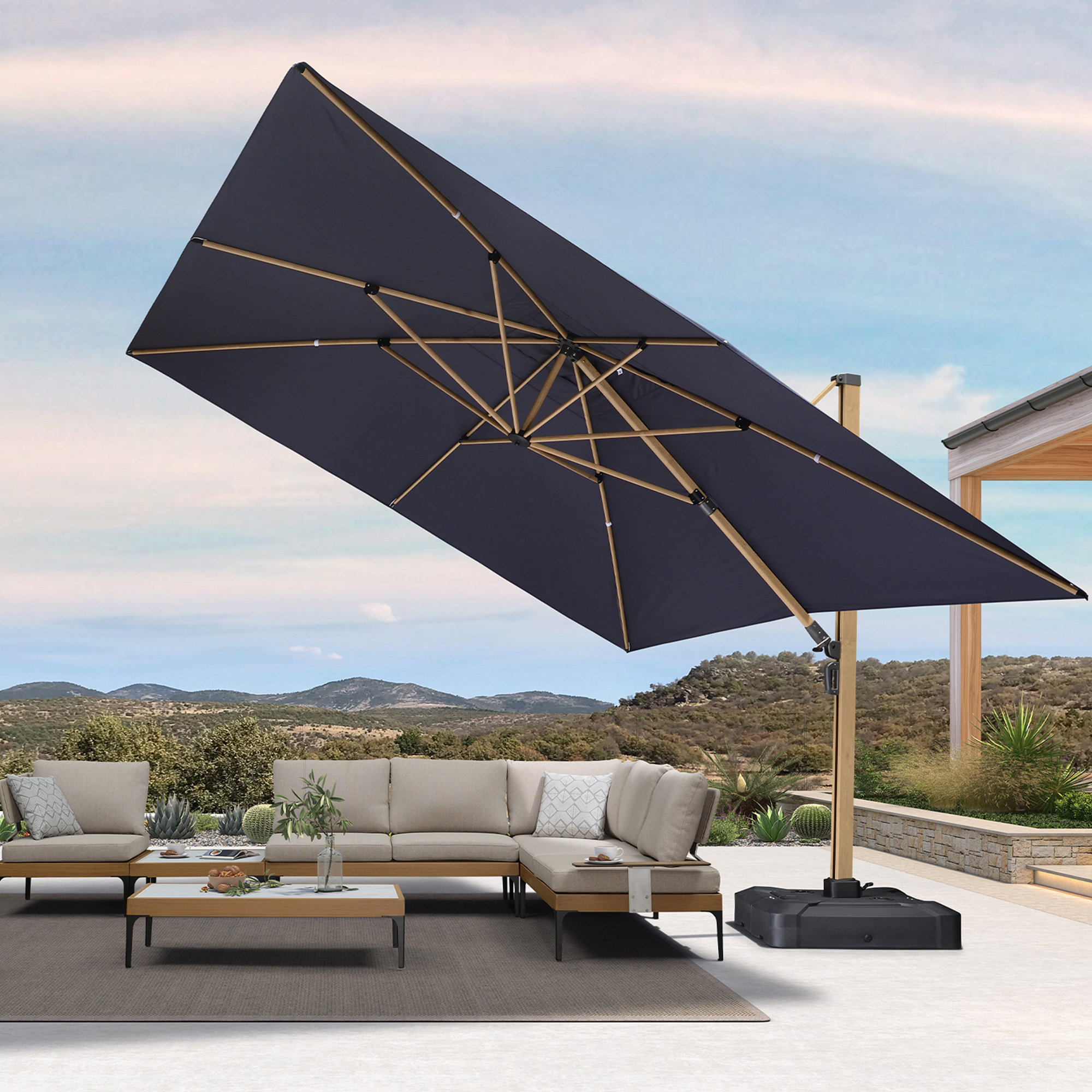 Arlmont & Co. 144" Square Wood Grain Cantilever Patio Umbrella Aluminum ...