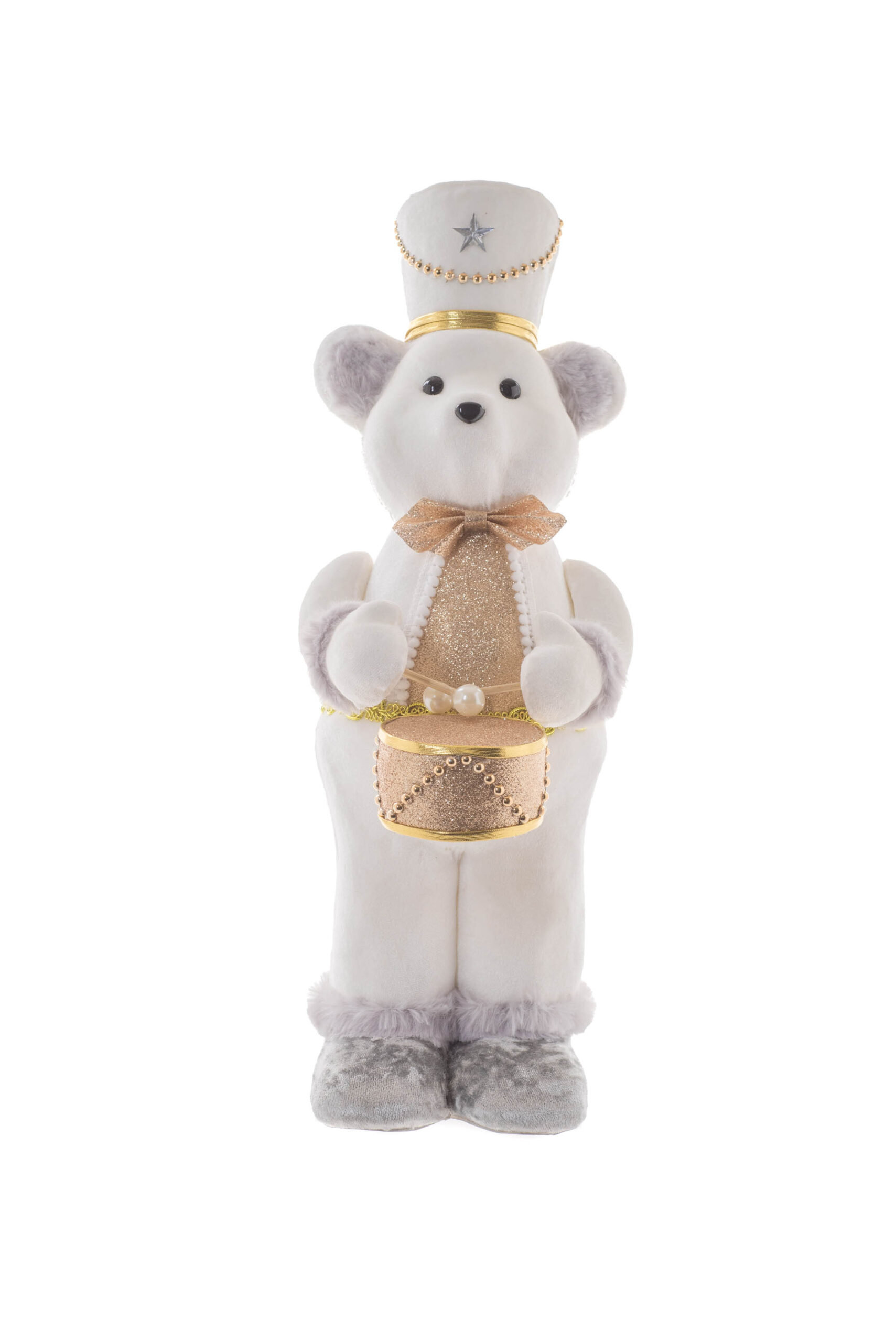 The Holiday Aisle® White/Gold Faux Fur Standing Drummer Bear with ...