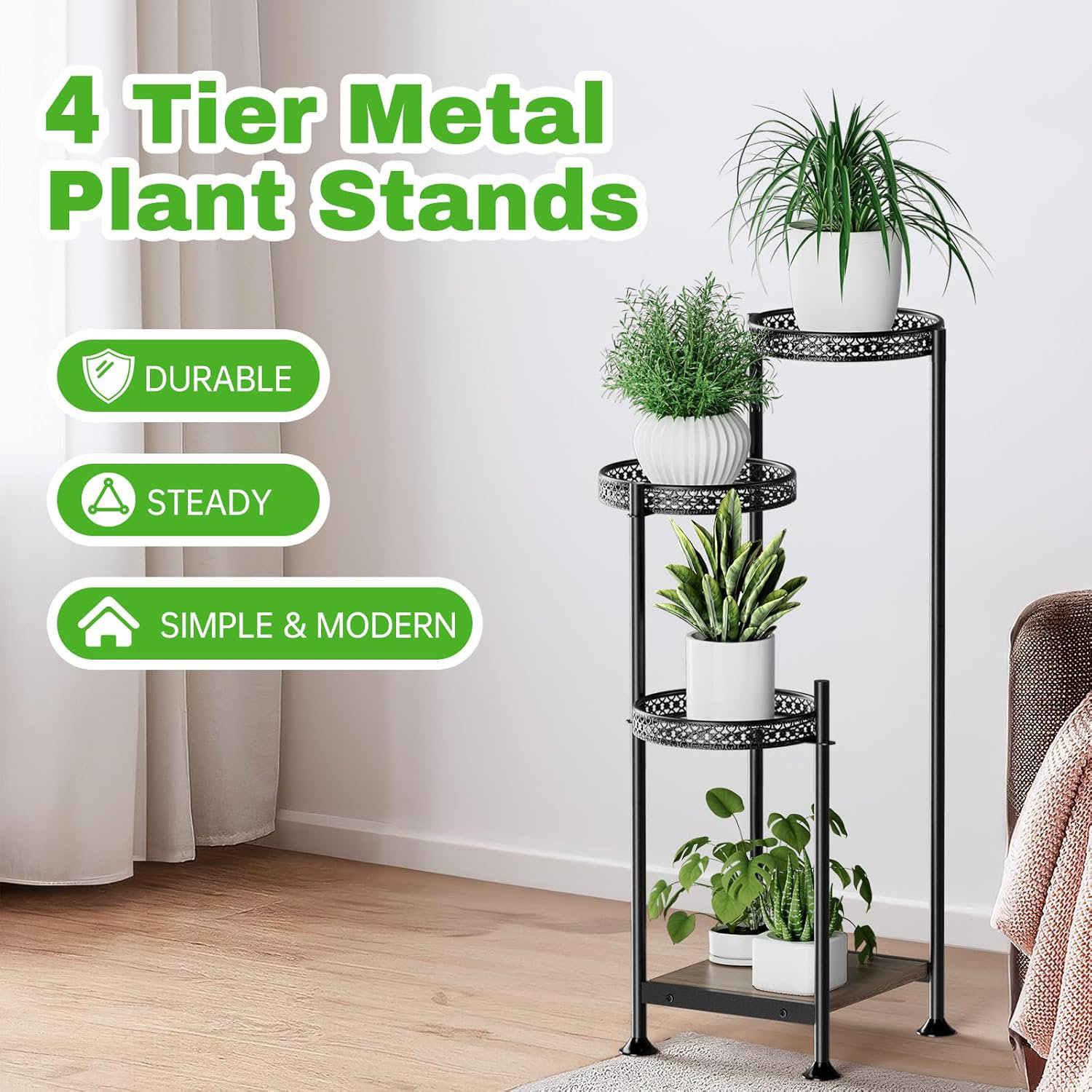Arlmont & Co. 4 Tier Plant Stands Indoor, Tiered Metal Wood Corner ...