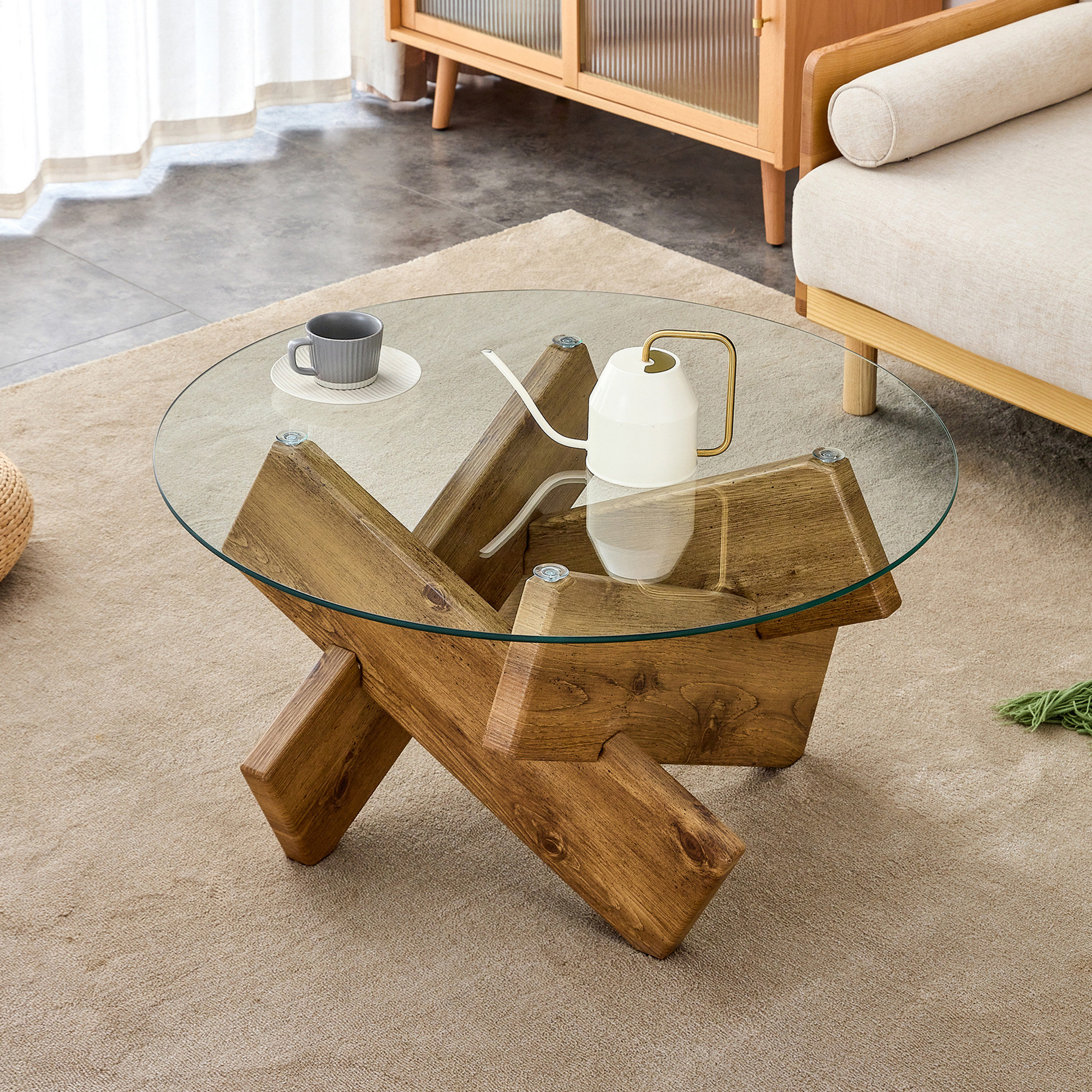 Wrought Studio™ Circular Glass Coffee Table, Tempered Glass Countertop ...