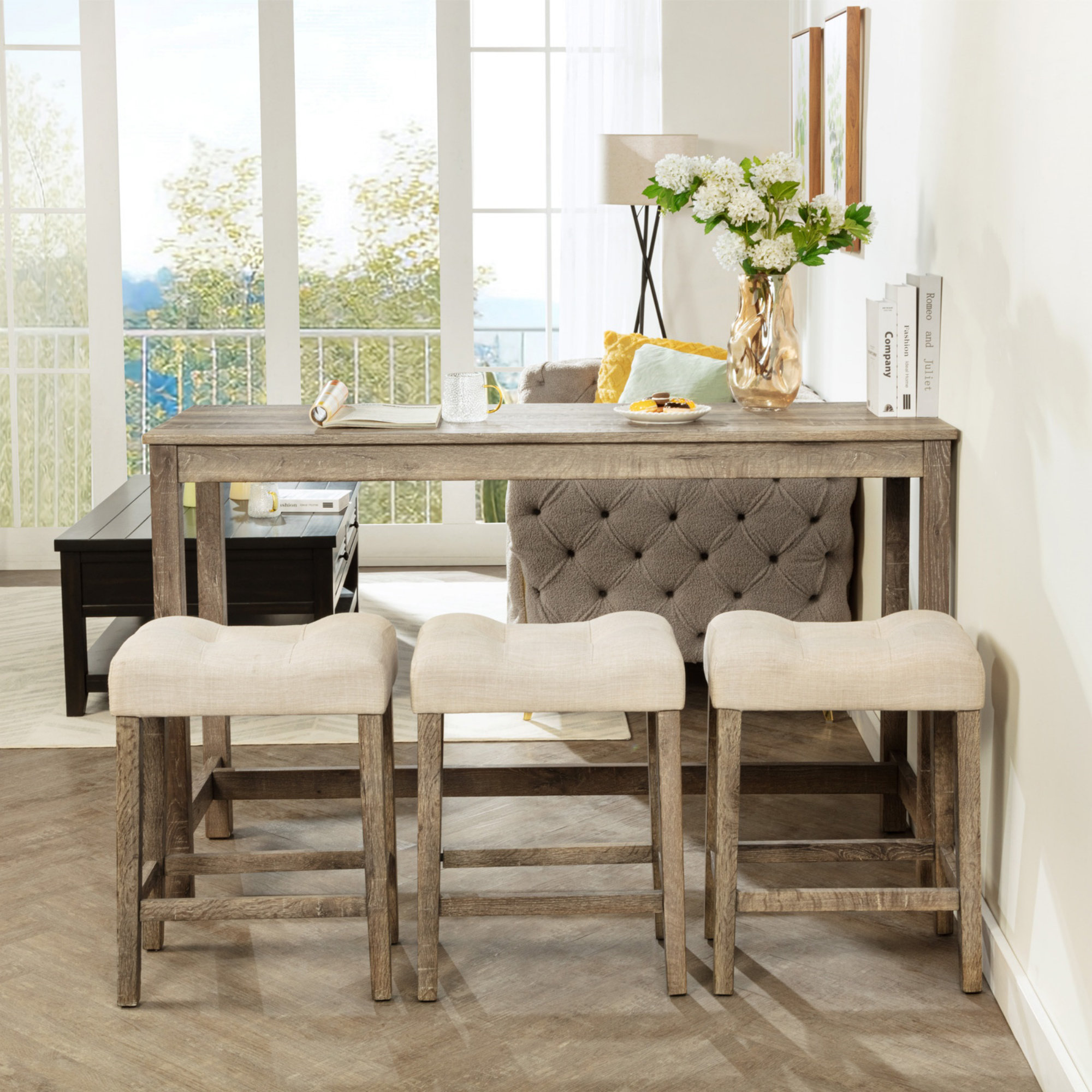 Gracie Oaks 4-Piece Bar Table Set With Power Outlet And 3 Padded Stools ...