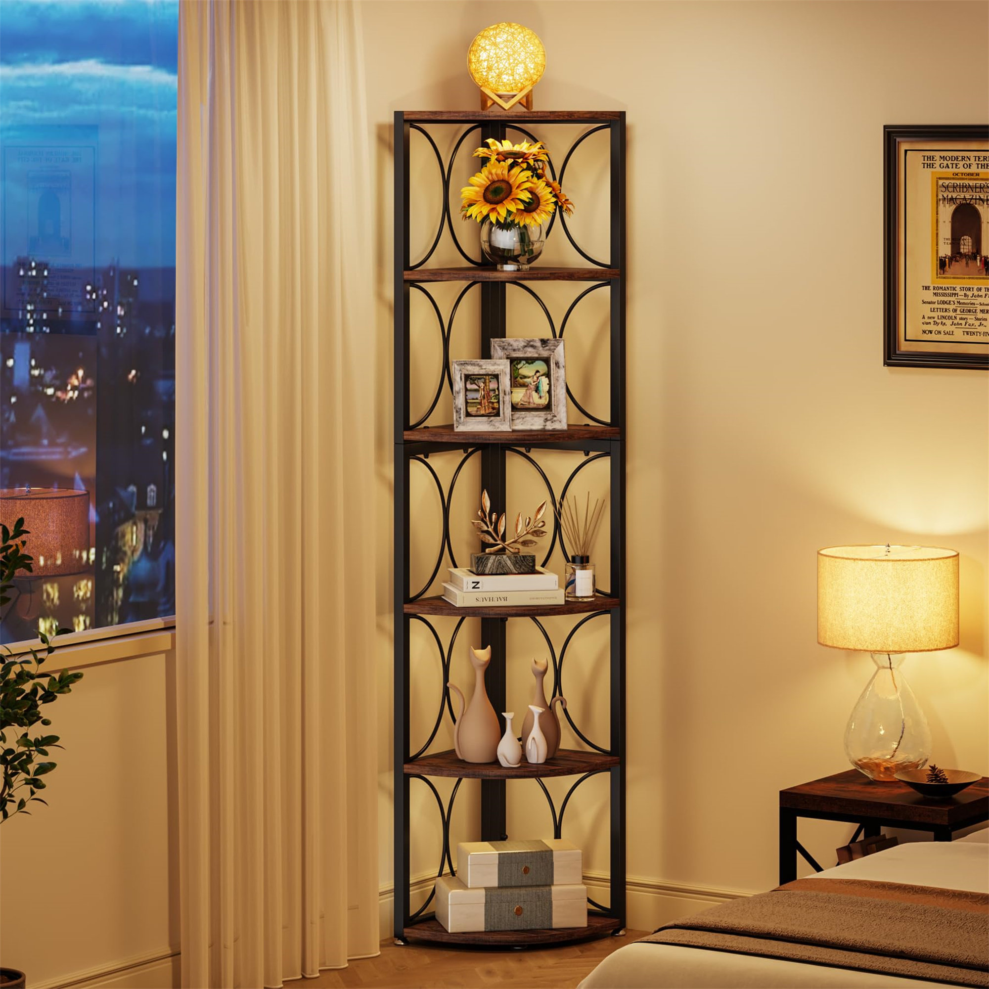 Borough Wharf 67 Inch Tall Corner Shelf, 6 Tier Rustic Corner Bookshelf ...
