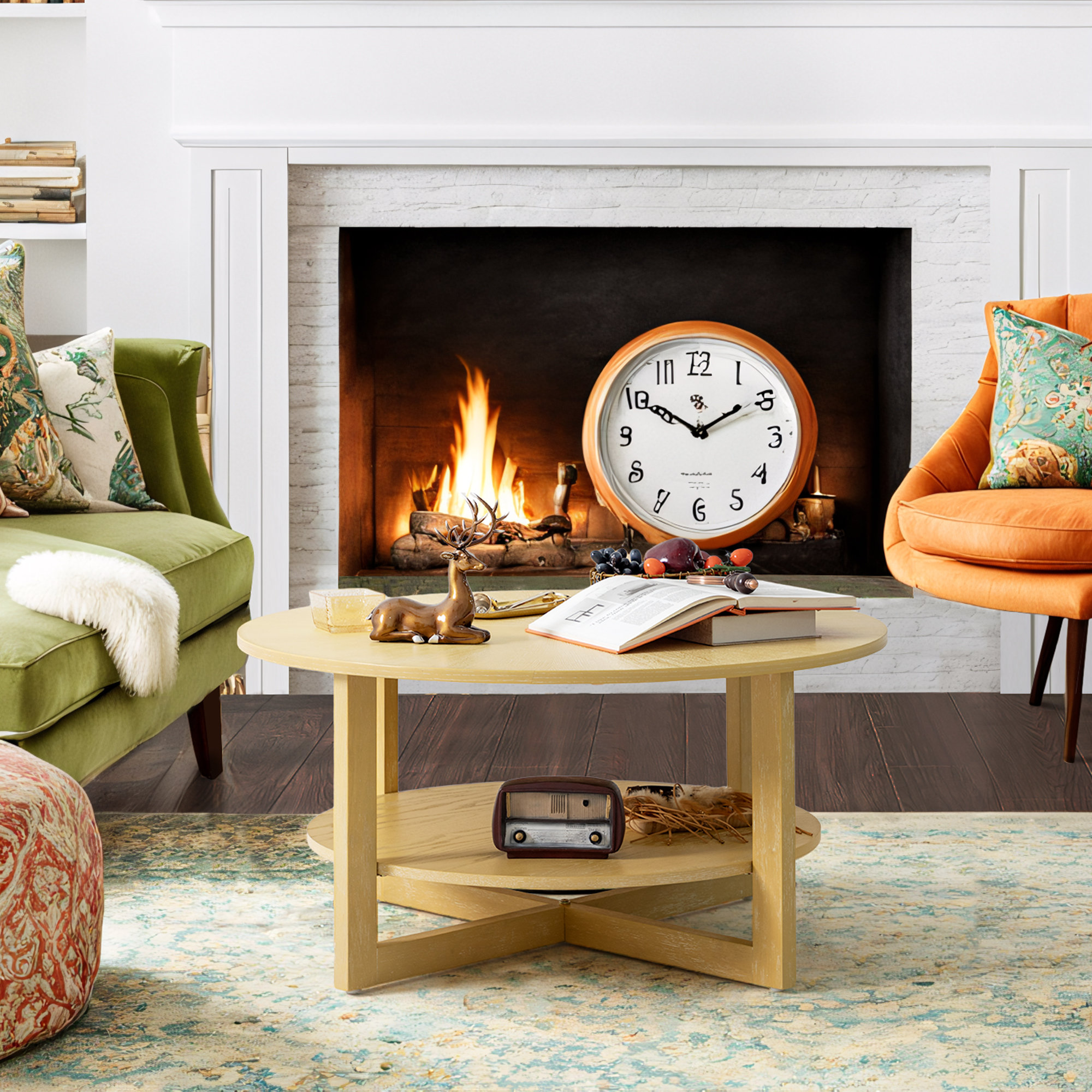 Ebern Designs Table basse ronde de salon avec tablette de rangement à 2 ...