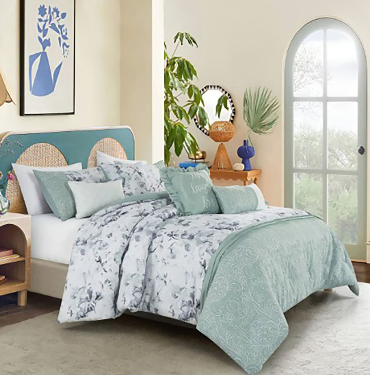 Home Mart Goods 7 Piece Teal Floral Comforter Set Embroidery Soft ...