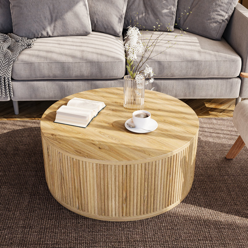 Latitude Run® 36" Round Fluted Coffee Table Solid Wood Drum Table with ...