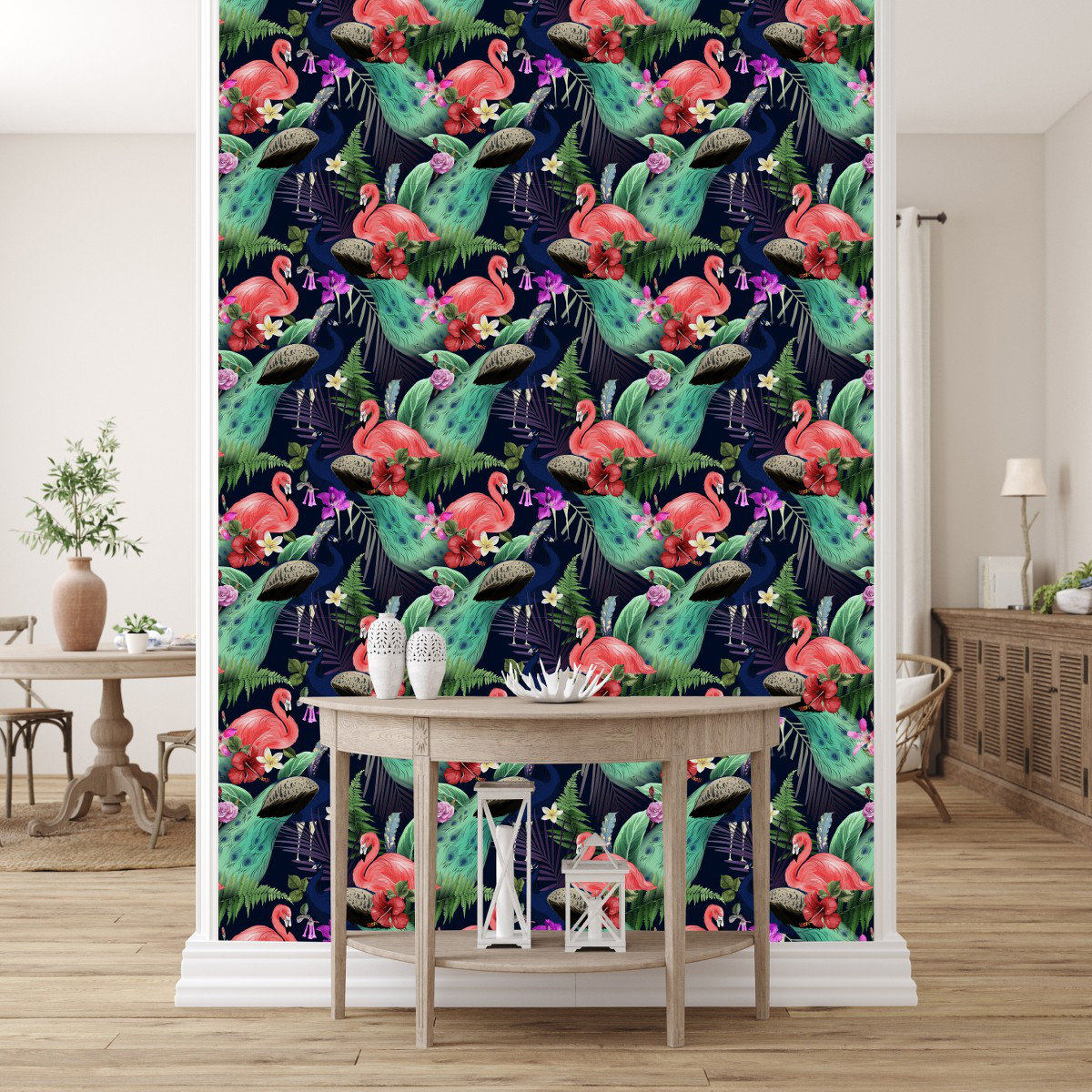 Bay Isle Home™ Hogen Flamingos and Peacocks Peel and Stick Wallpaper ...